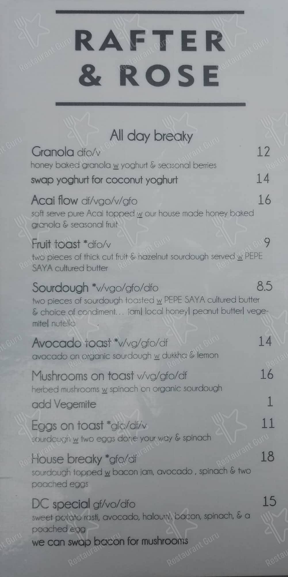 Menu at Rafter & Rose restaurant, Ipswich