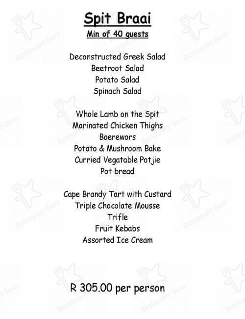 Menu at Cradle Moon Lakeside Game Lodge restaurant, Roodepoort