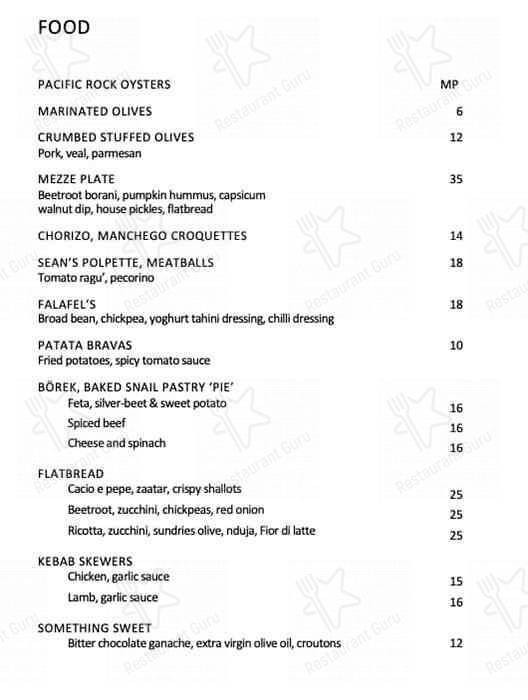 Menu at Rooftop At Qt pub & bar, Auckland