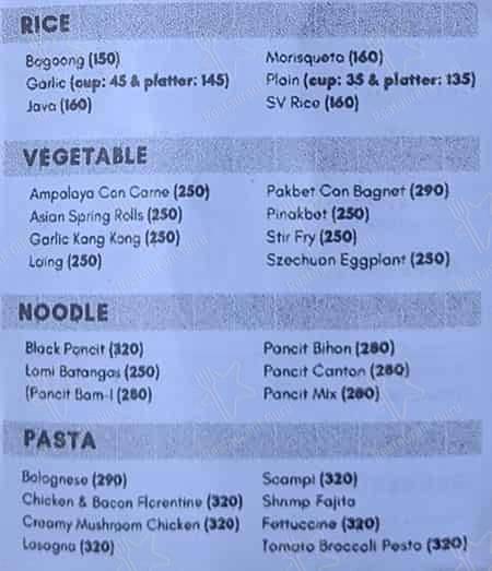 Menu at Sol Victoria's restaurant, Tagaytay