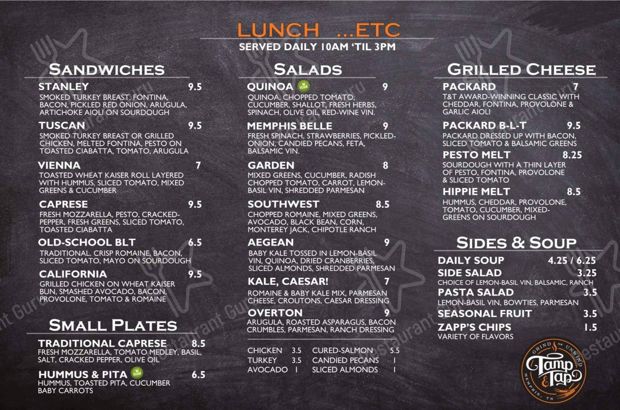Menu at Tamp and Tap cafe, Memphis, 122 Gayoso Ave