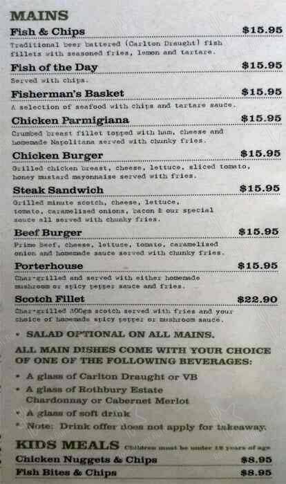 Menu at Tankerville Hotel restaurant, Fitzroy
