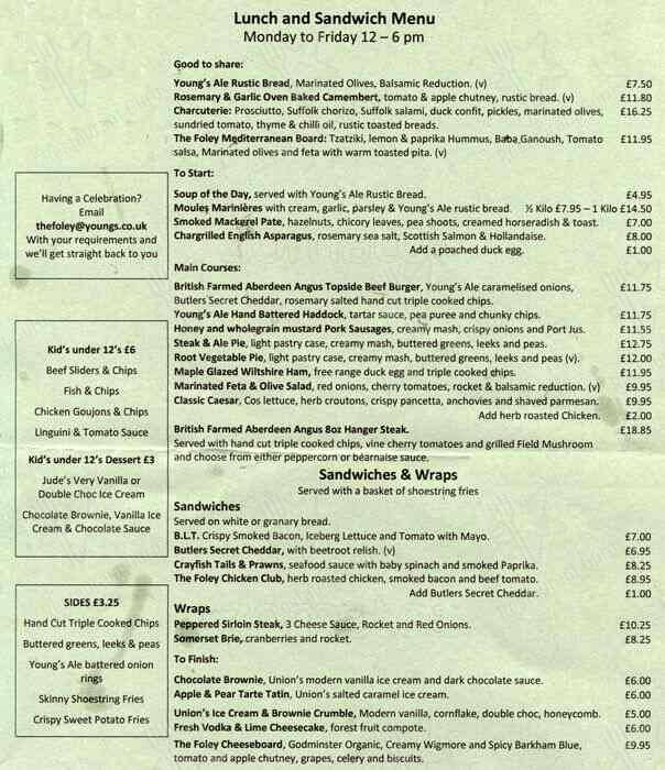 Menu at The Foley pub & bar, Claygate
