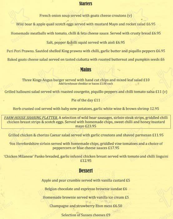 Menu at The Three Kings pub & bar, Twickenham, 42 Heath Road