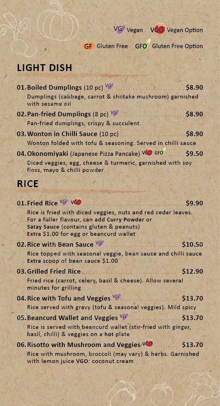 Menu at Vegeme restaurant, South Brisbane