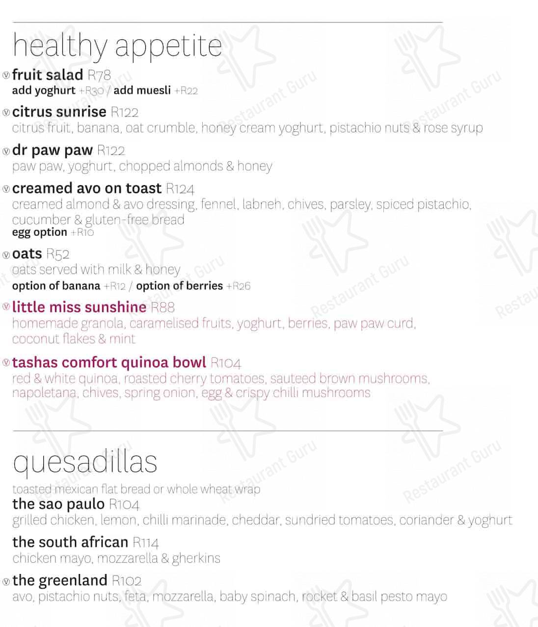 Menu at tashas Gateway restaurant, Umhlanga, Shop G12