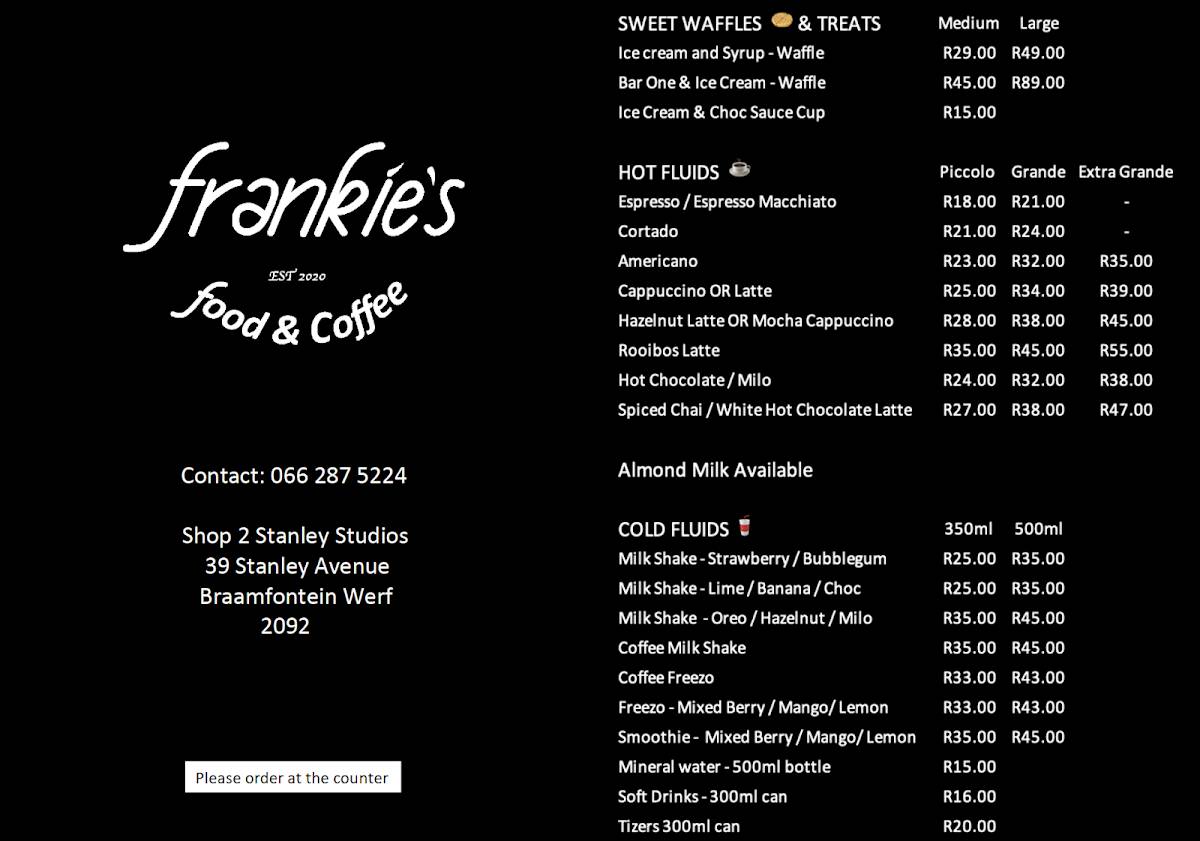 Menu at frankie's food and coffee pizzeria, Johannesburg