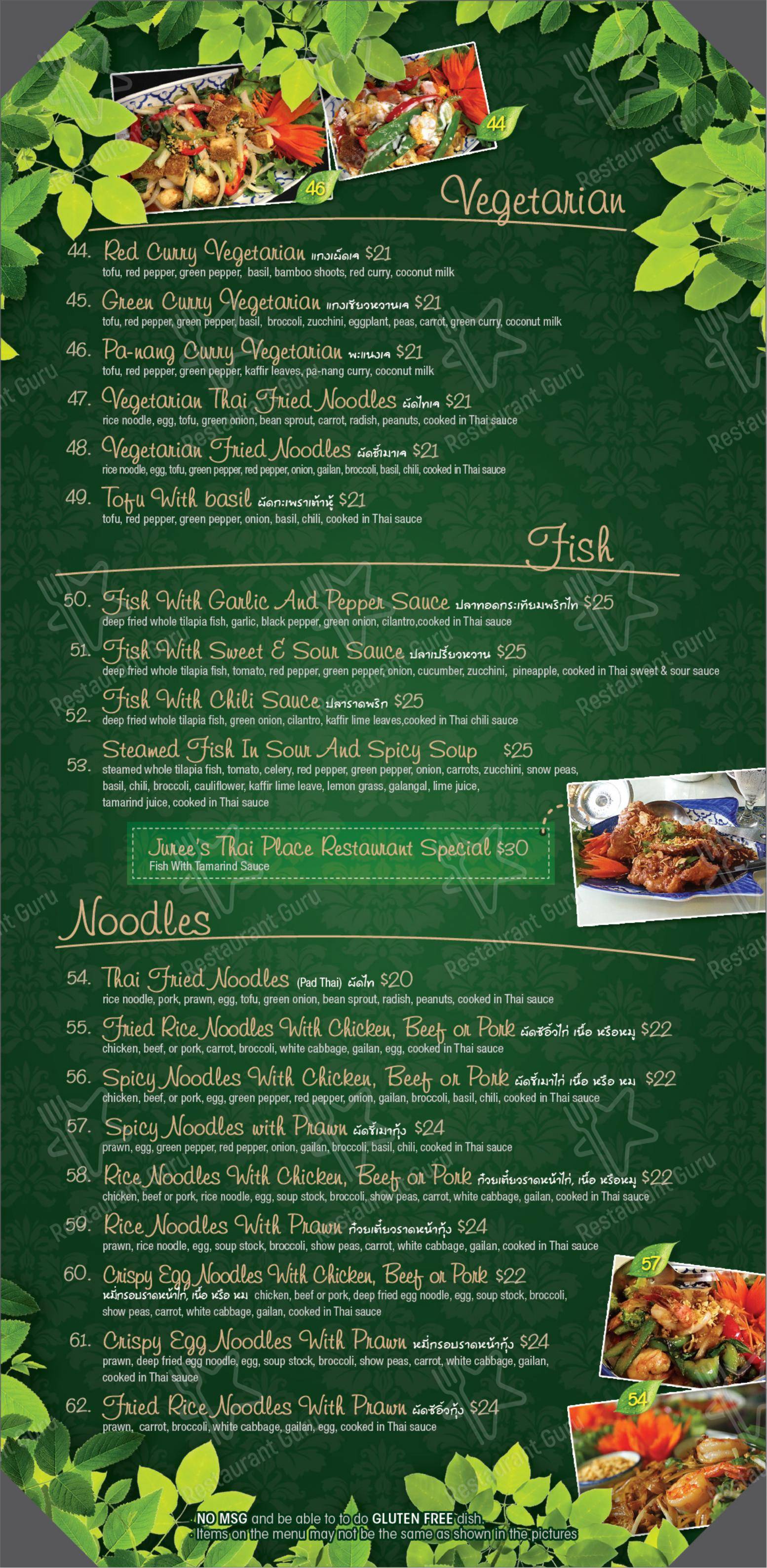 Menu at Jurees Thai Place Restaurant, Calgary