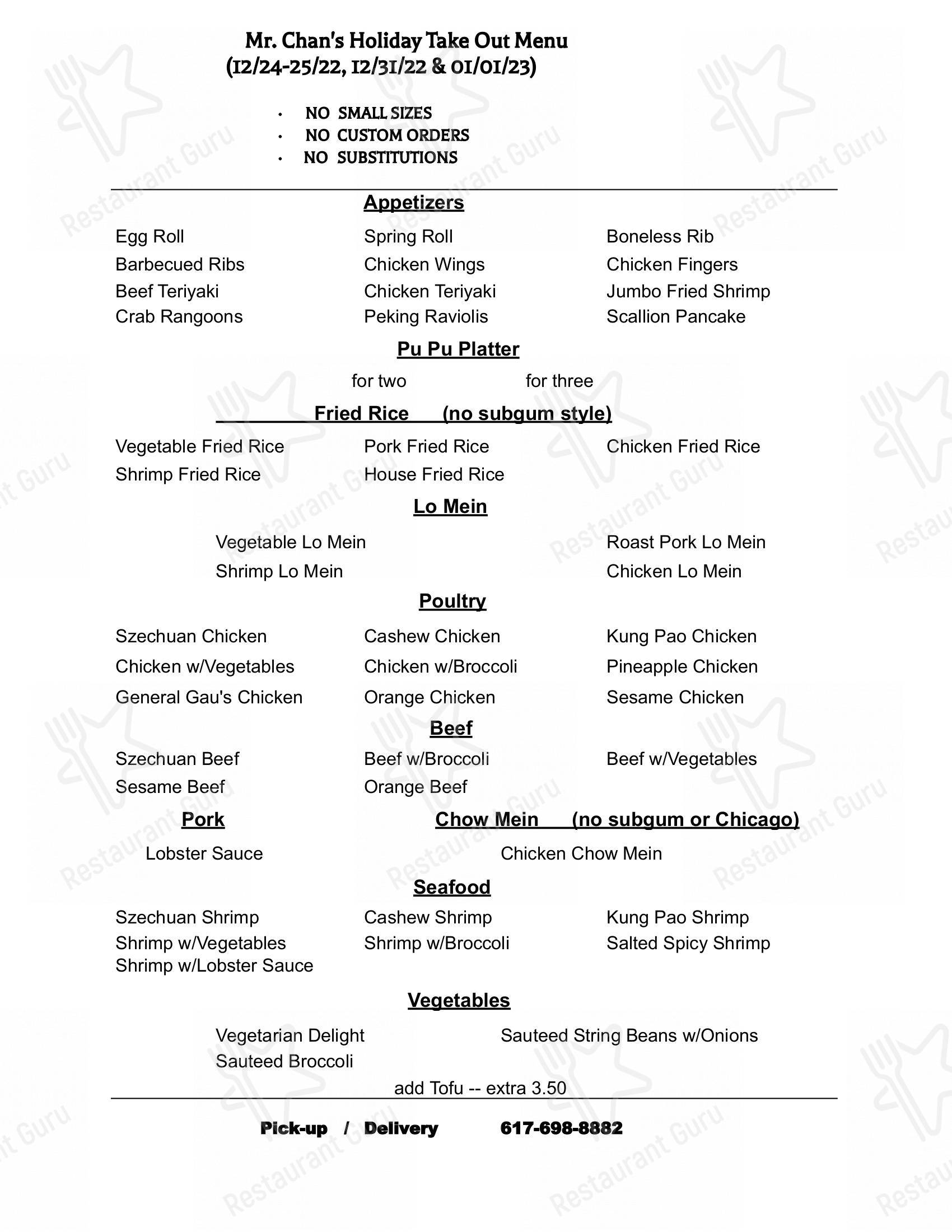 Menu at Mr Chan's restaurant, Milton, 534 Adams St