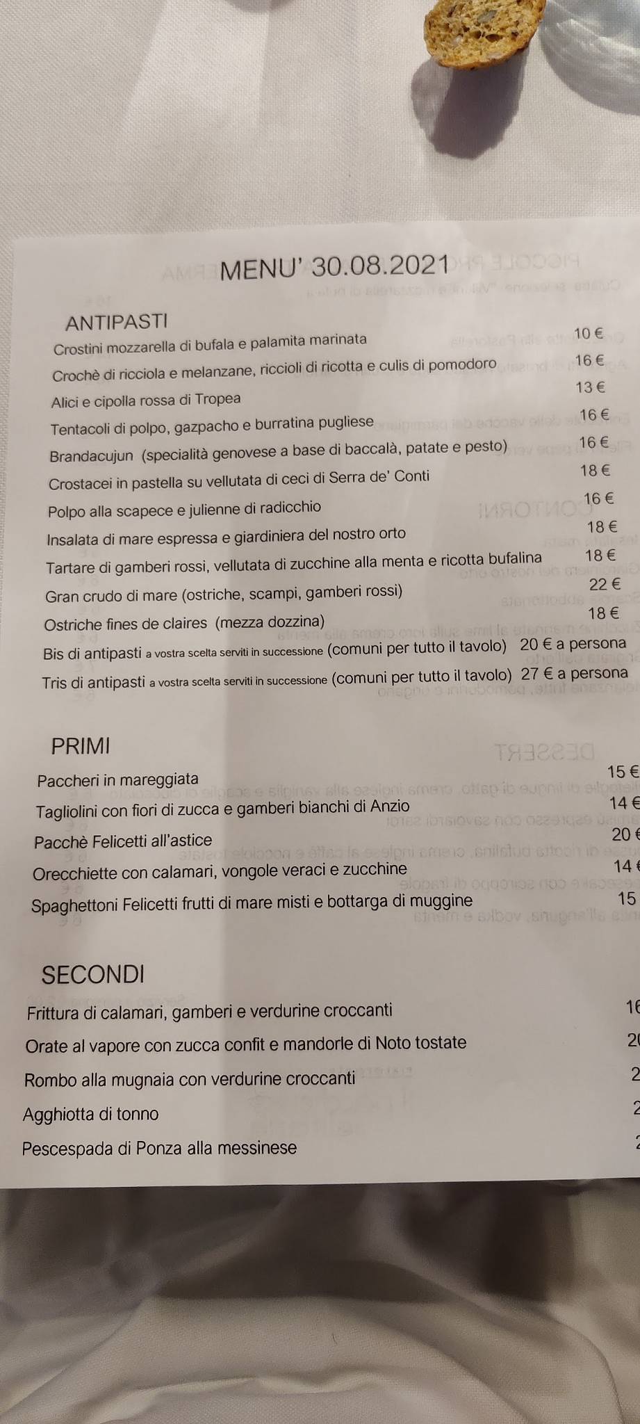Menu da il pacchero solitario ristorante, Aprilia