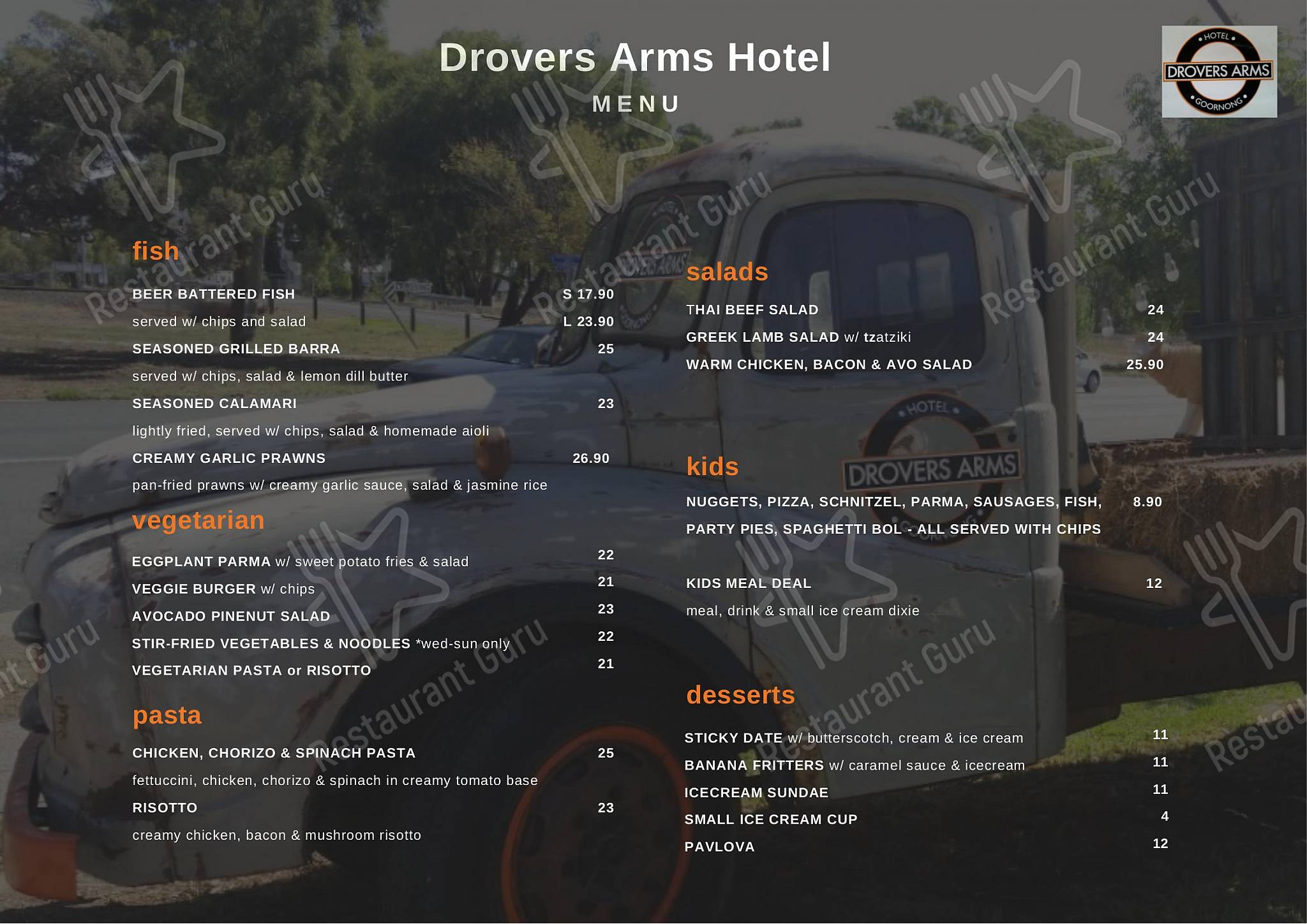 Menu at Drovers Arms Hotel restaurant, Goornong