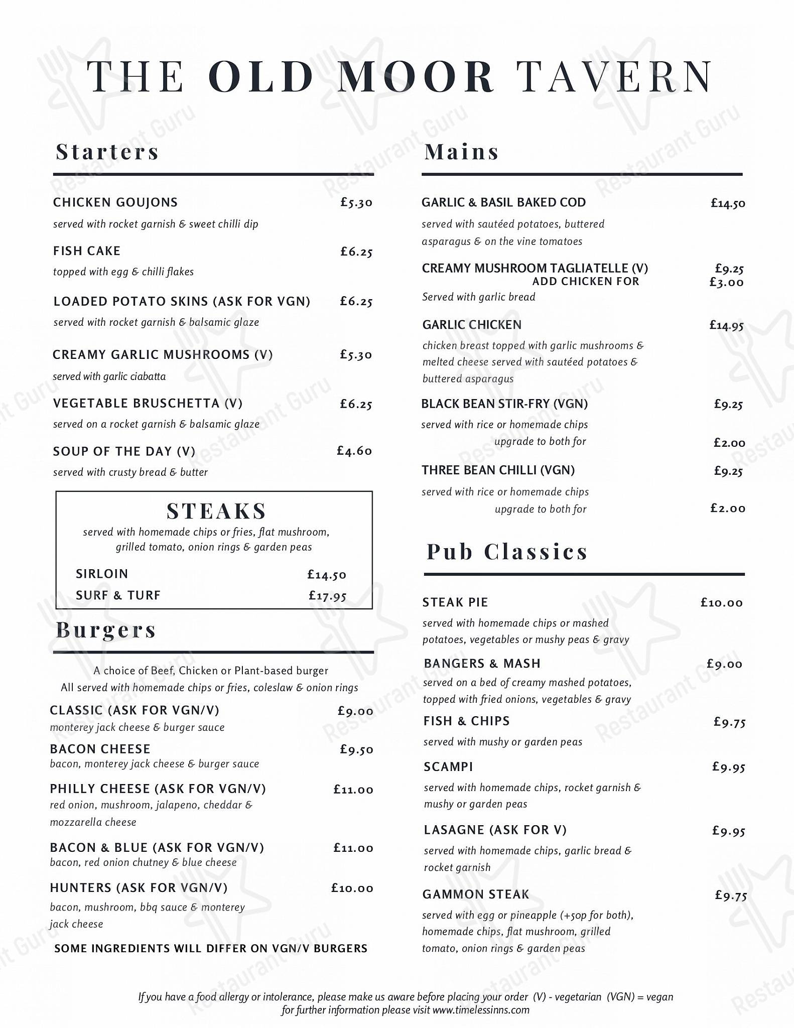 Menu at Old Moor Tavern pub & bar, Barnsley