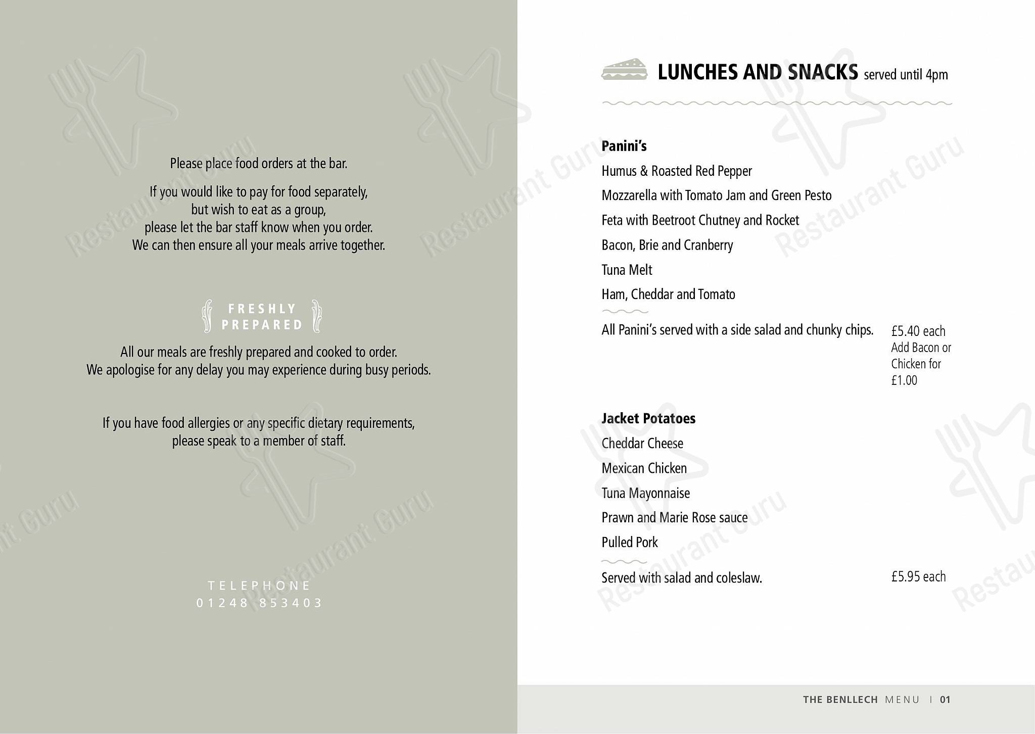 Menu at The Benllech pub & bar, Benllech