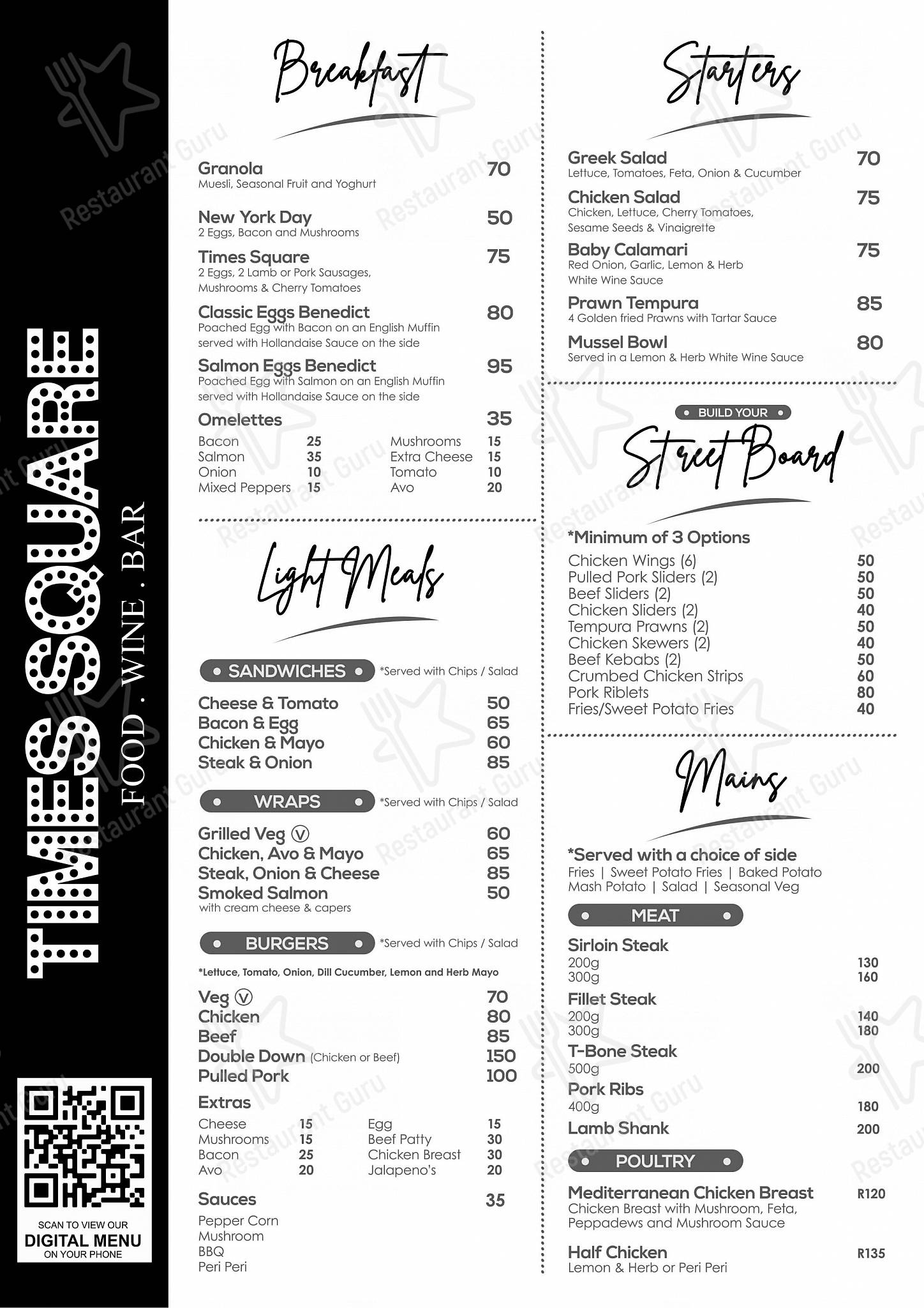 Menu at Times Square Durban restaurant, Durban