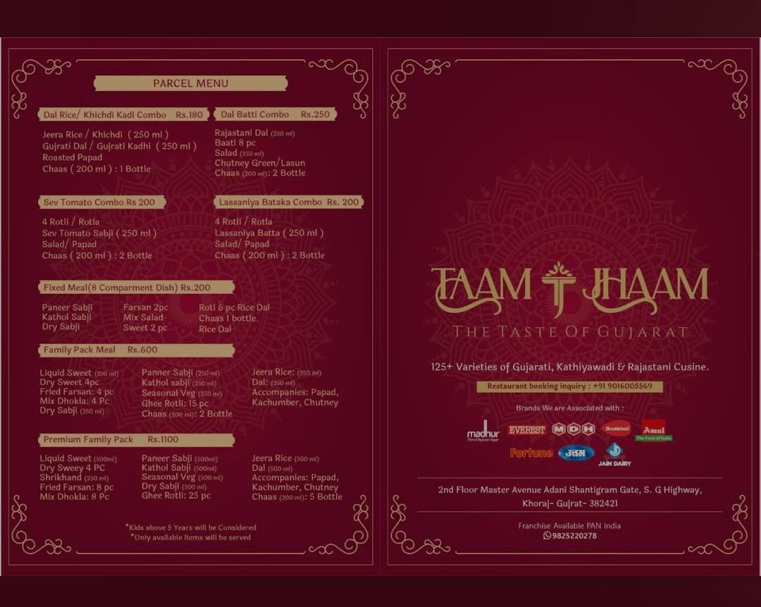 Menu at Taam Jhaam - Adani Shantigram Vaishnodevi Circle, Ahmedabad