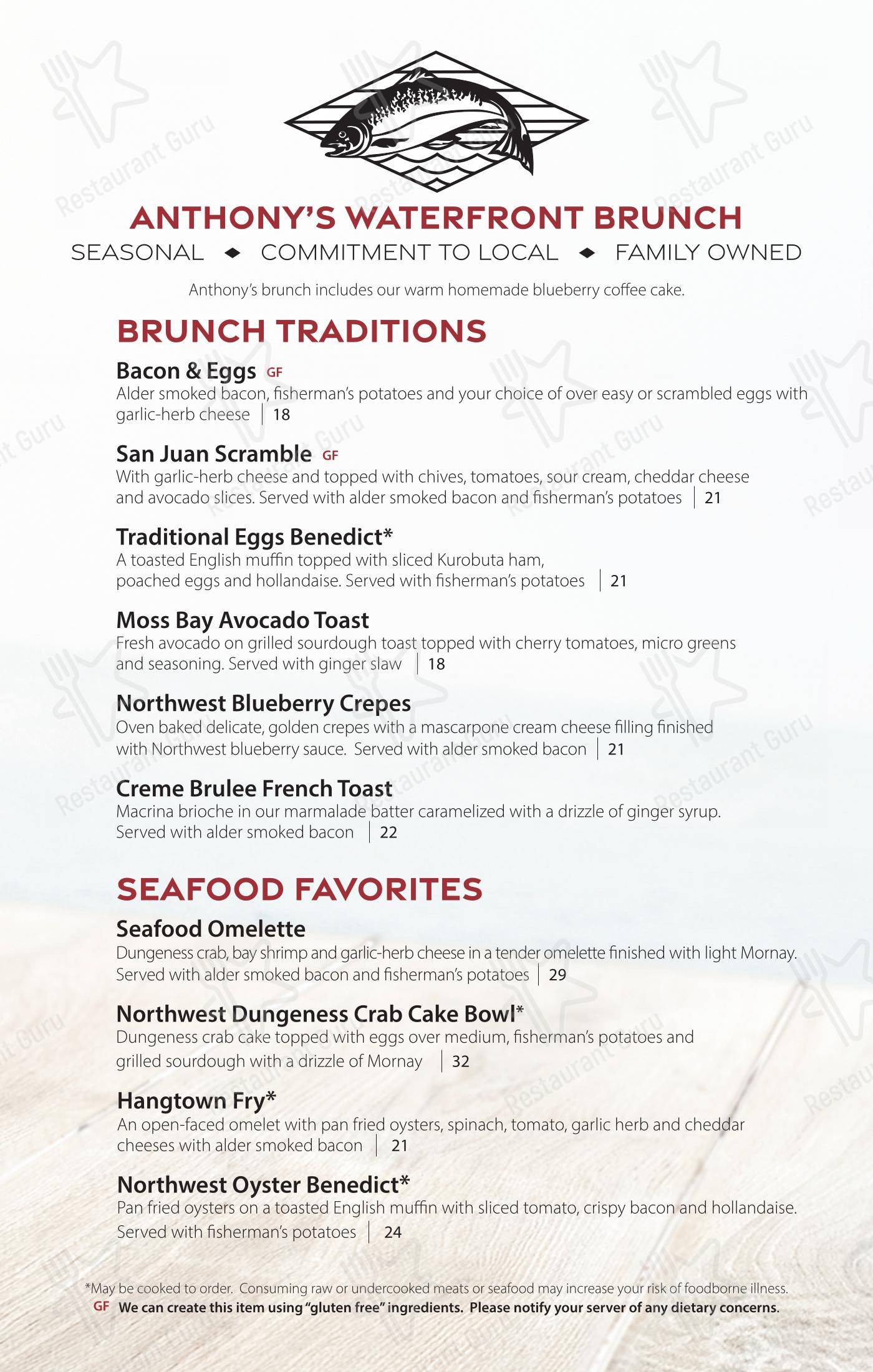 Menu at Anthony's At Point Defiance restaurant, Tacoma