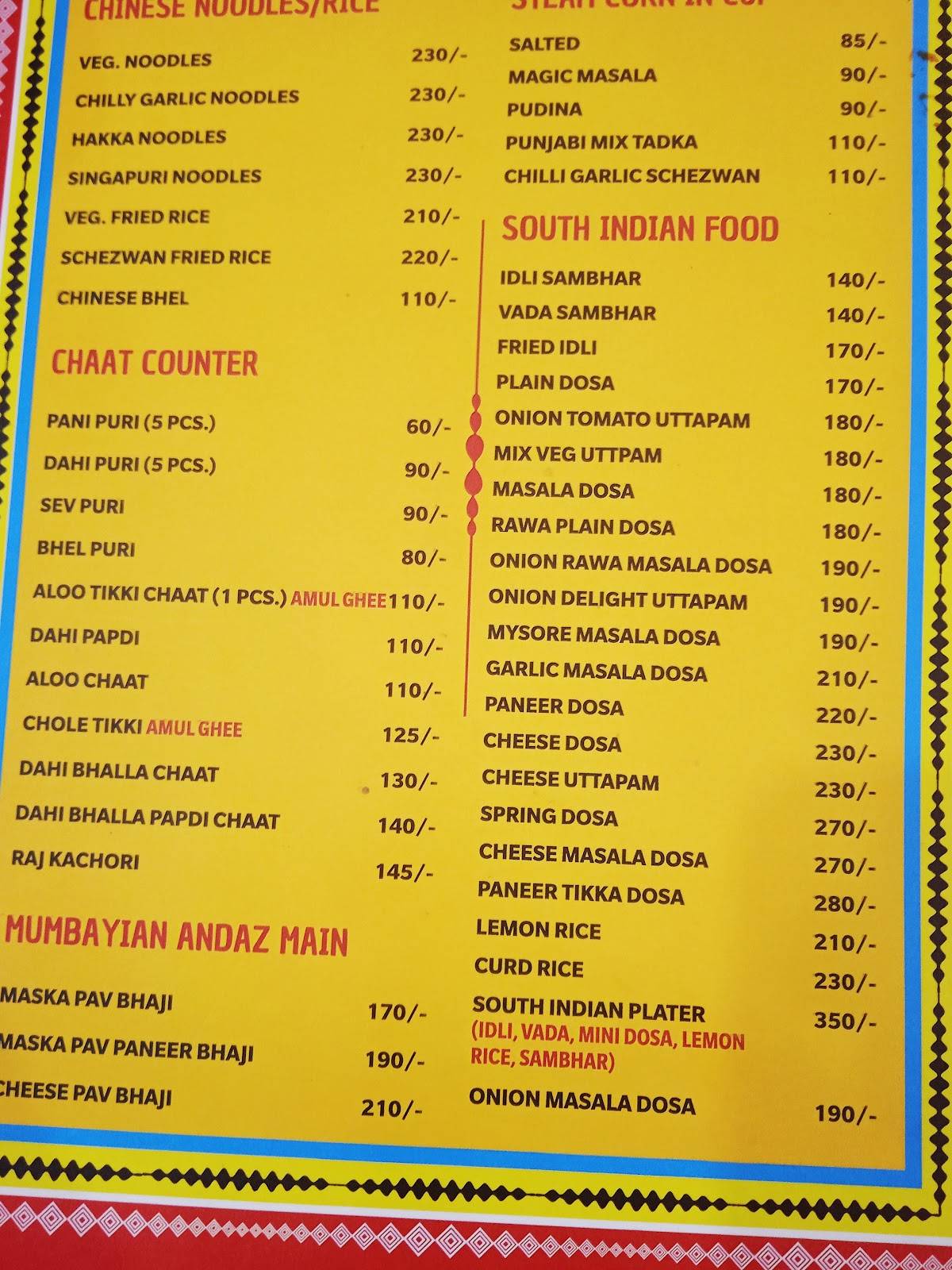 Menu at Asli Pappu Dhaba, Kosi, UP, India