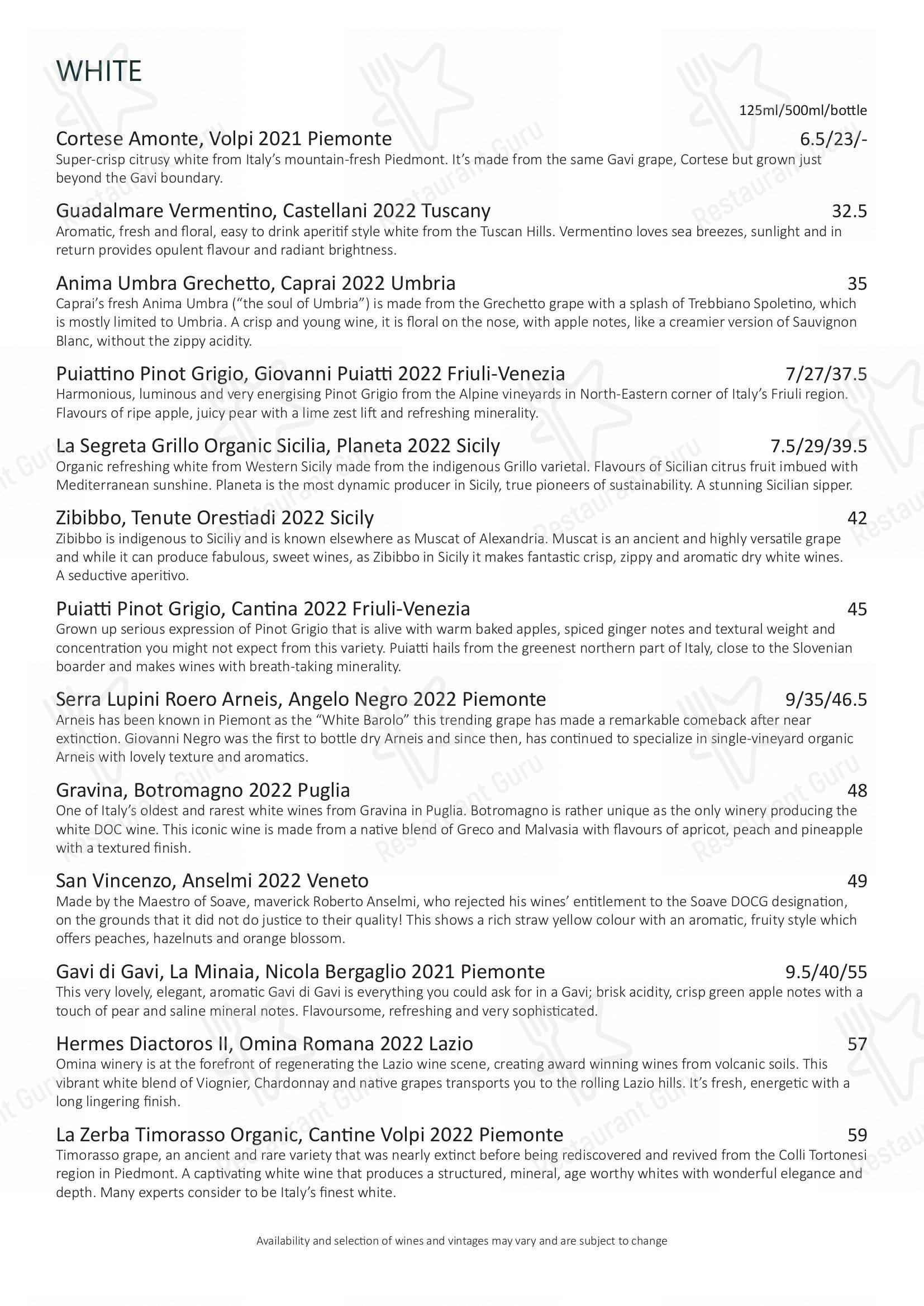 Menu at Bancone Covent Garden restaurant, London, 39 William IV St