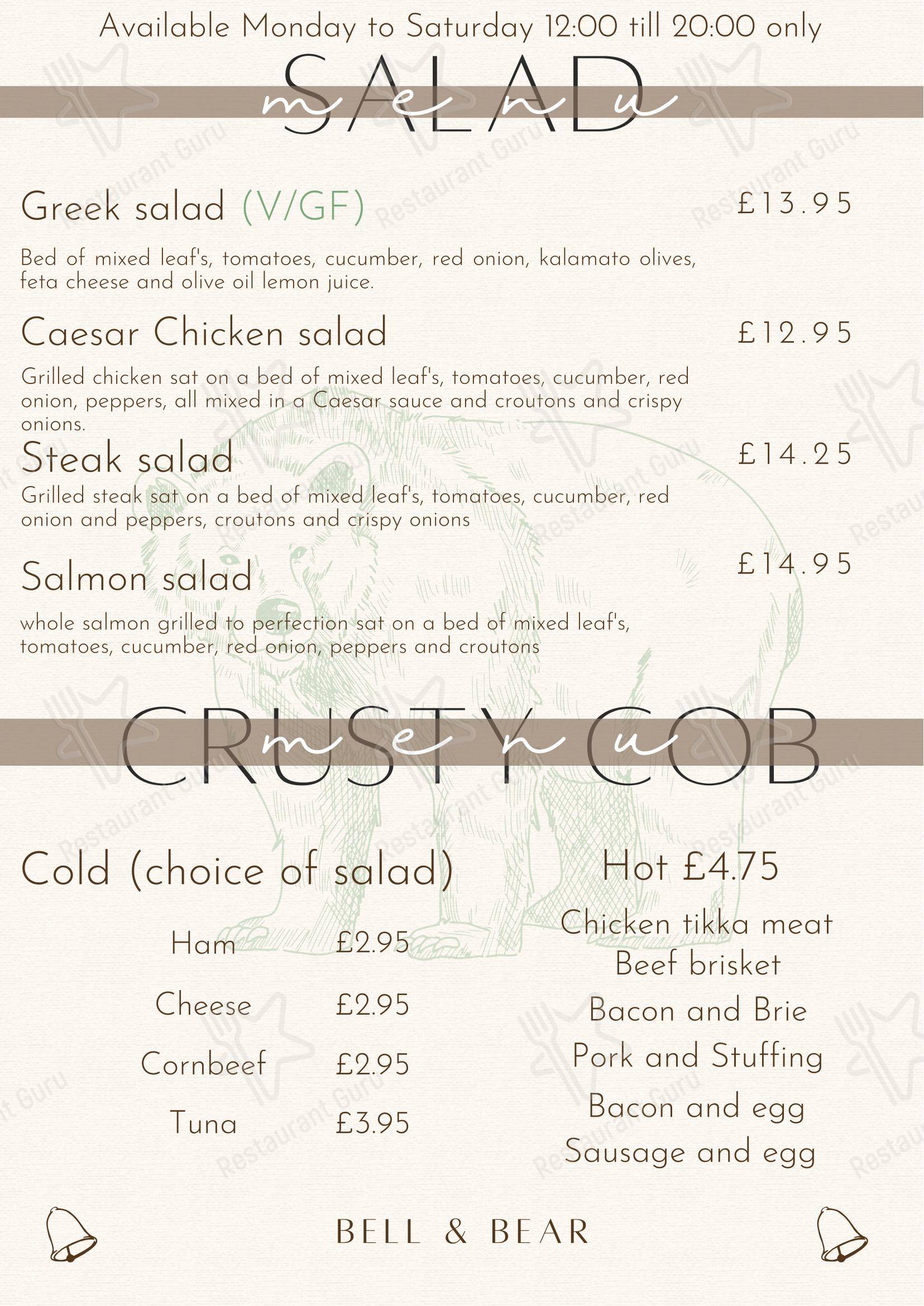 Menu at Bell & Bear Inn pub & bar, Rowley Regis