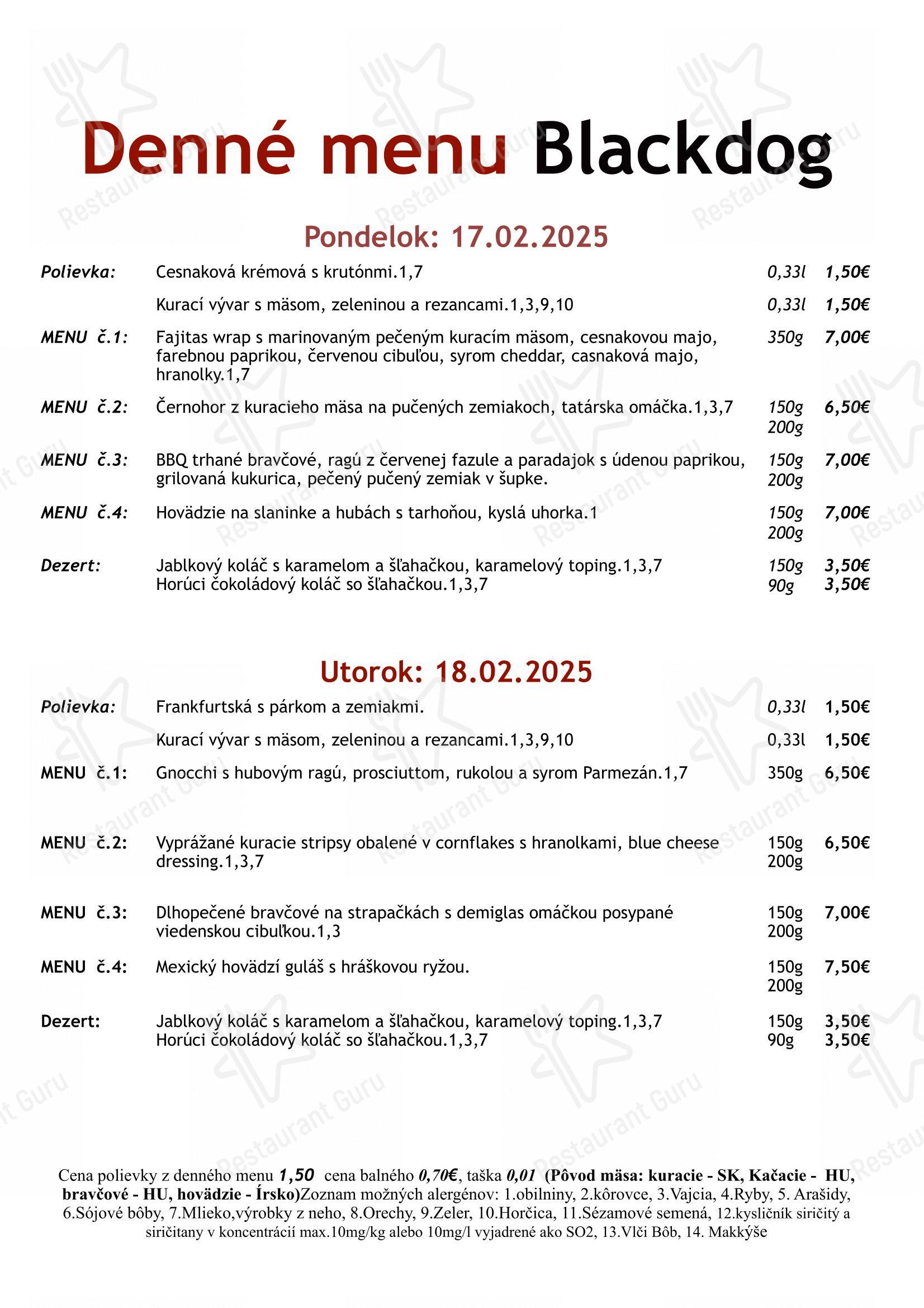 Menu at Blackdog restaurant, Žilina