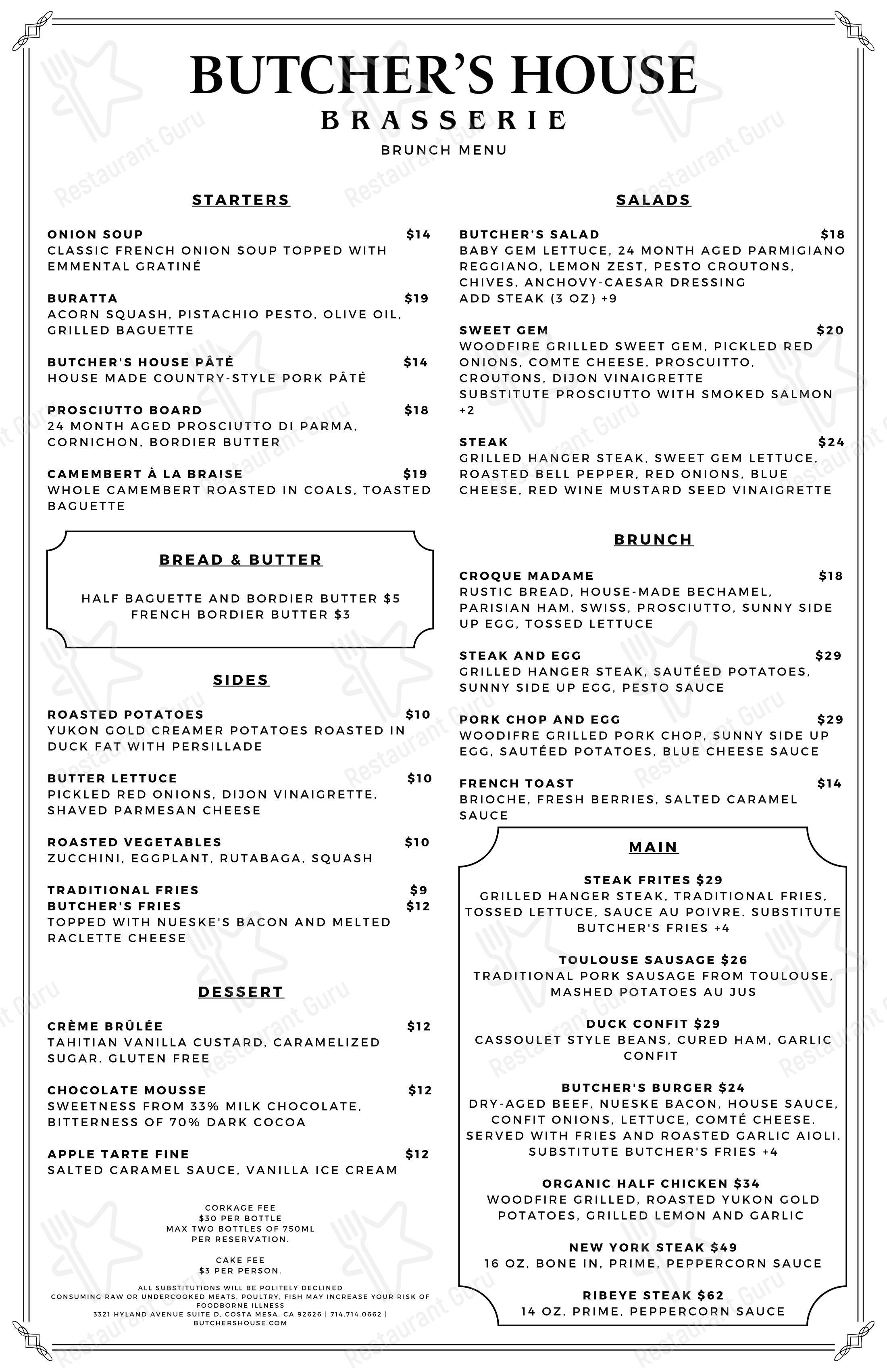 Menu at Butcher’s House Brasserie steakhouse, Costa Mesa