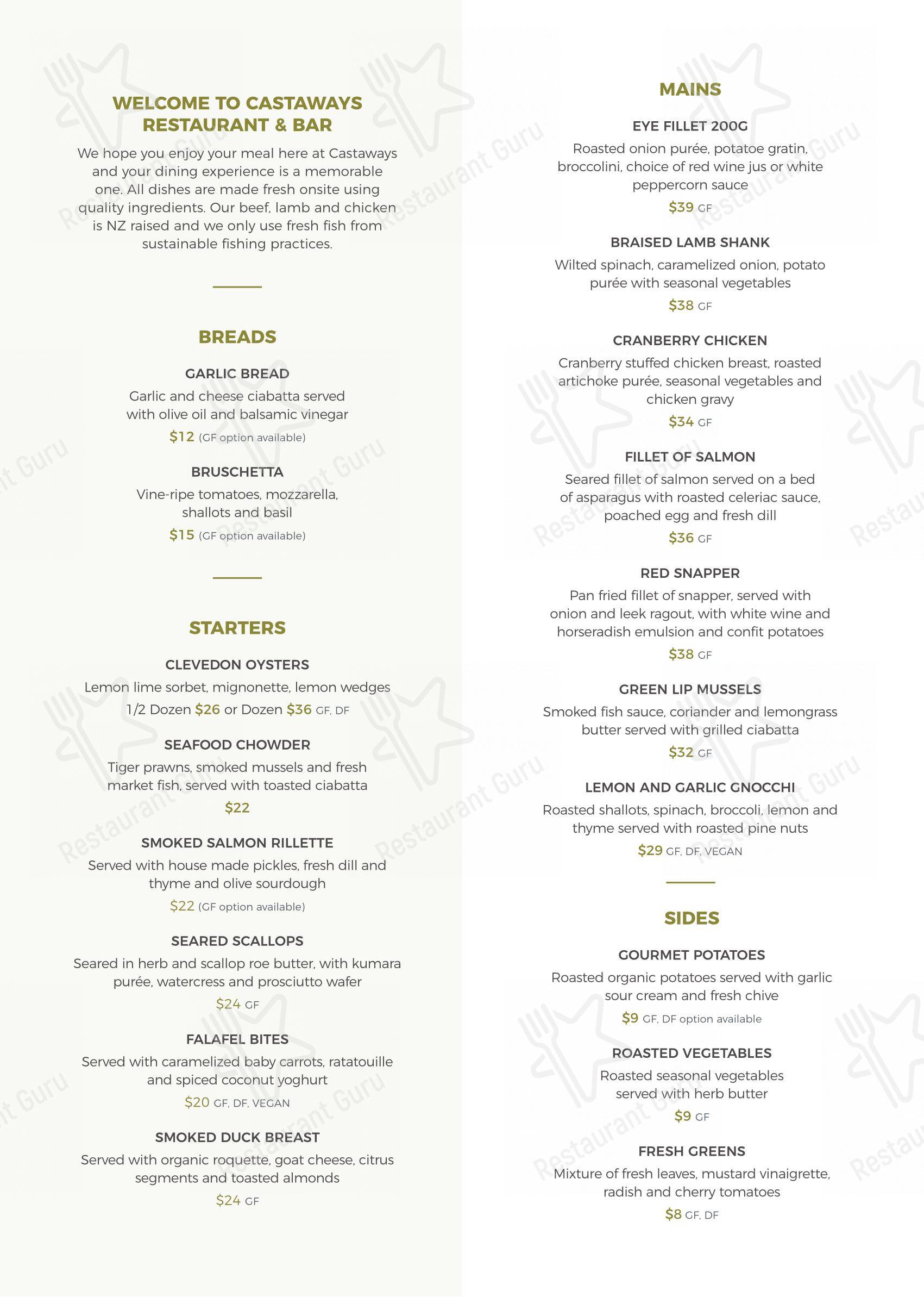 Menu at Castaways Restaurant & Bar, Waiuku, 685 Karioitahi Rd