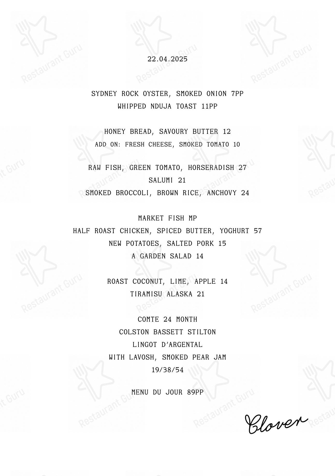 Menu at Clover restaurant, Richmond