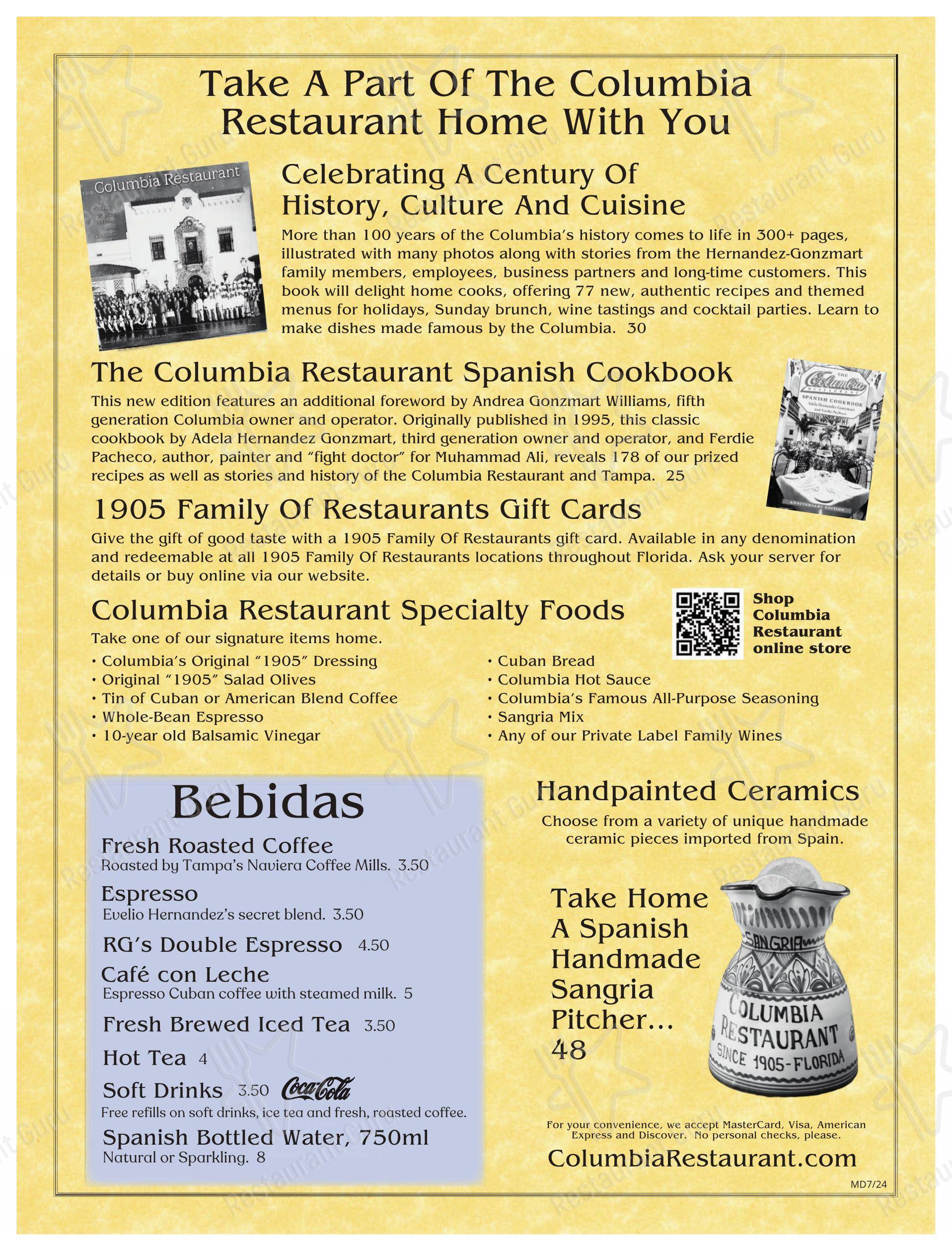 Menu at Columbia Restaurant, Sarasota