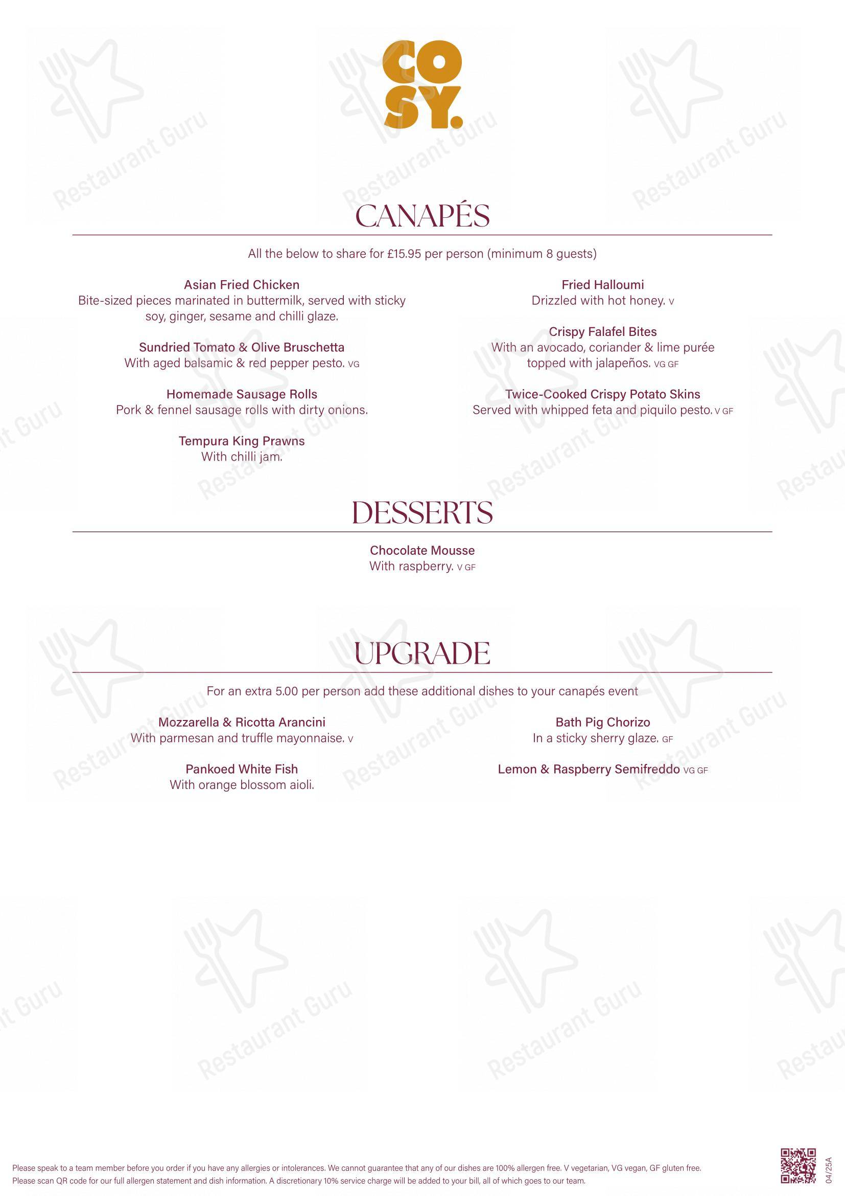 Menu at Cosy Club, Norwich
