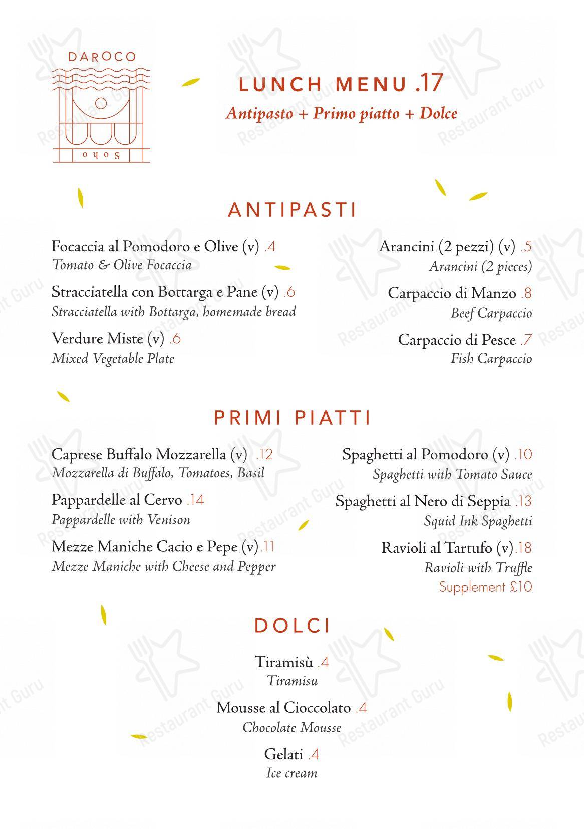 Menu at DAROCO Soho London restaurant, London