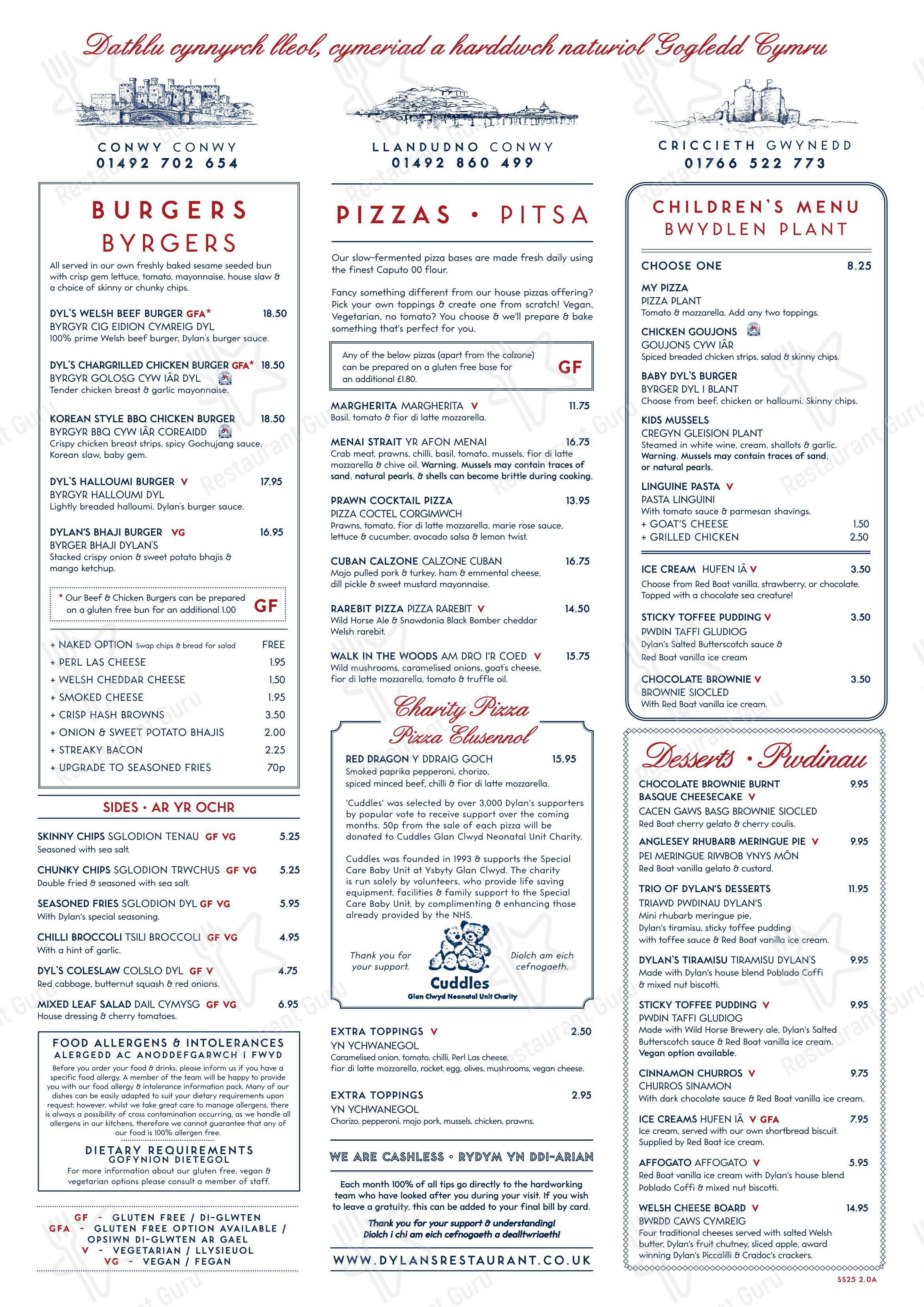 Menu at Dylan's Llandudno restaurant, Llandudno