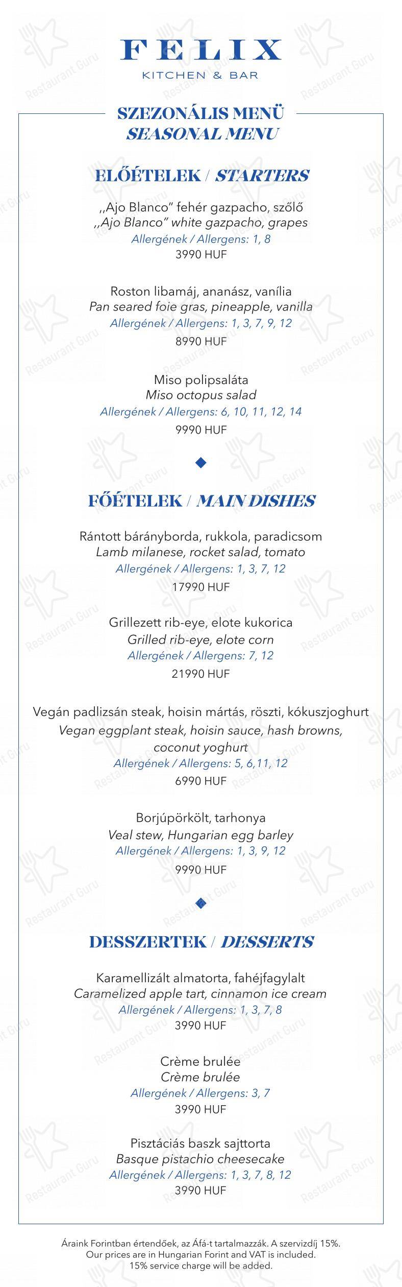 Меню FELIX Kitchen&Bar, Будапешт