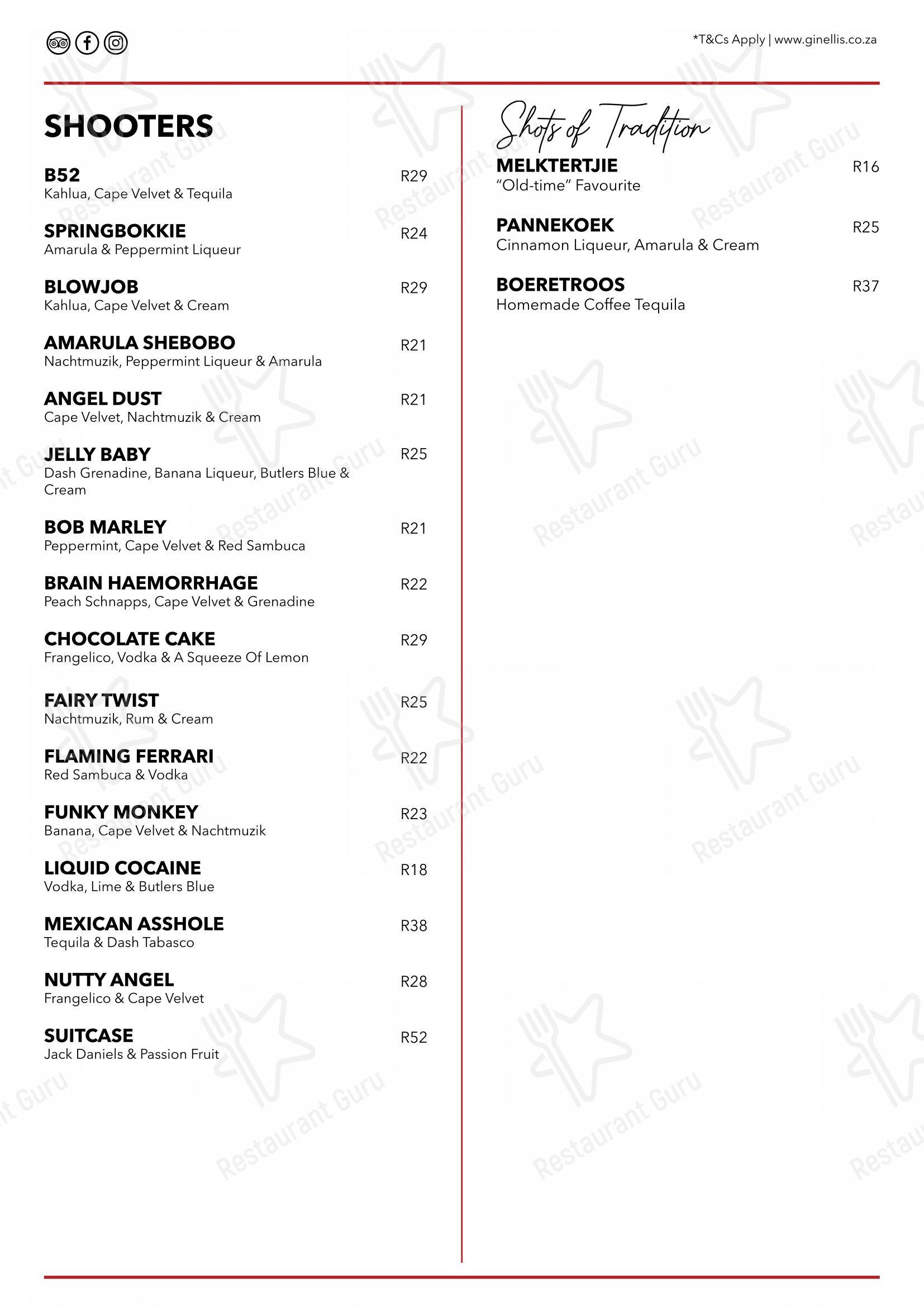 Menu at Ginellis Restaurant, Middelburg, Shop no. 3