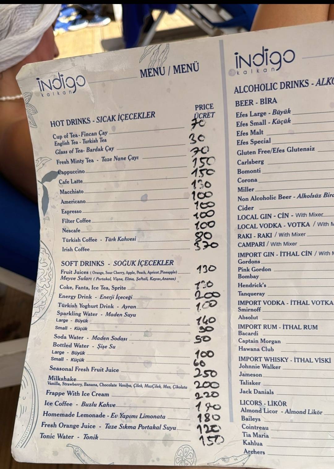 Menu at Indigo Beach Club & Restaurant, Turkey, Kalkan Harbour