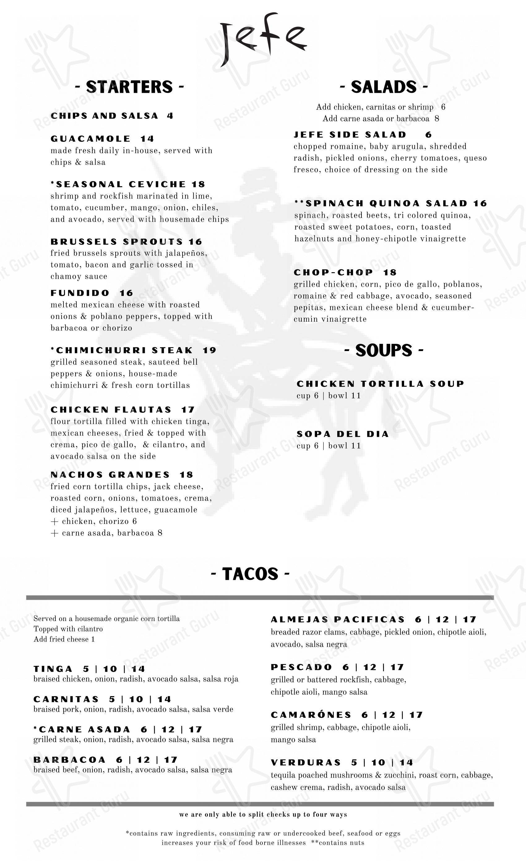Menu at Jefe Mexican Restaurant, Lake Oswego