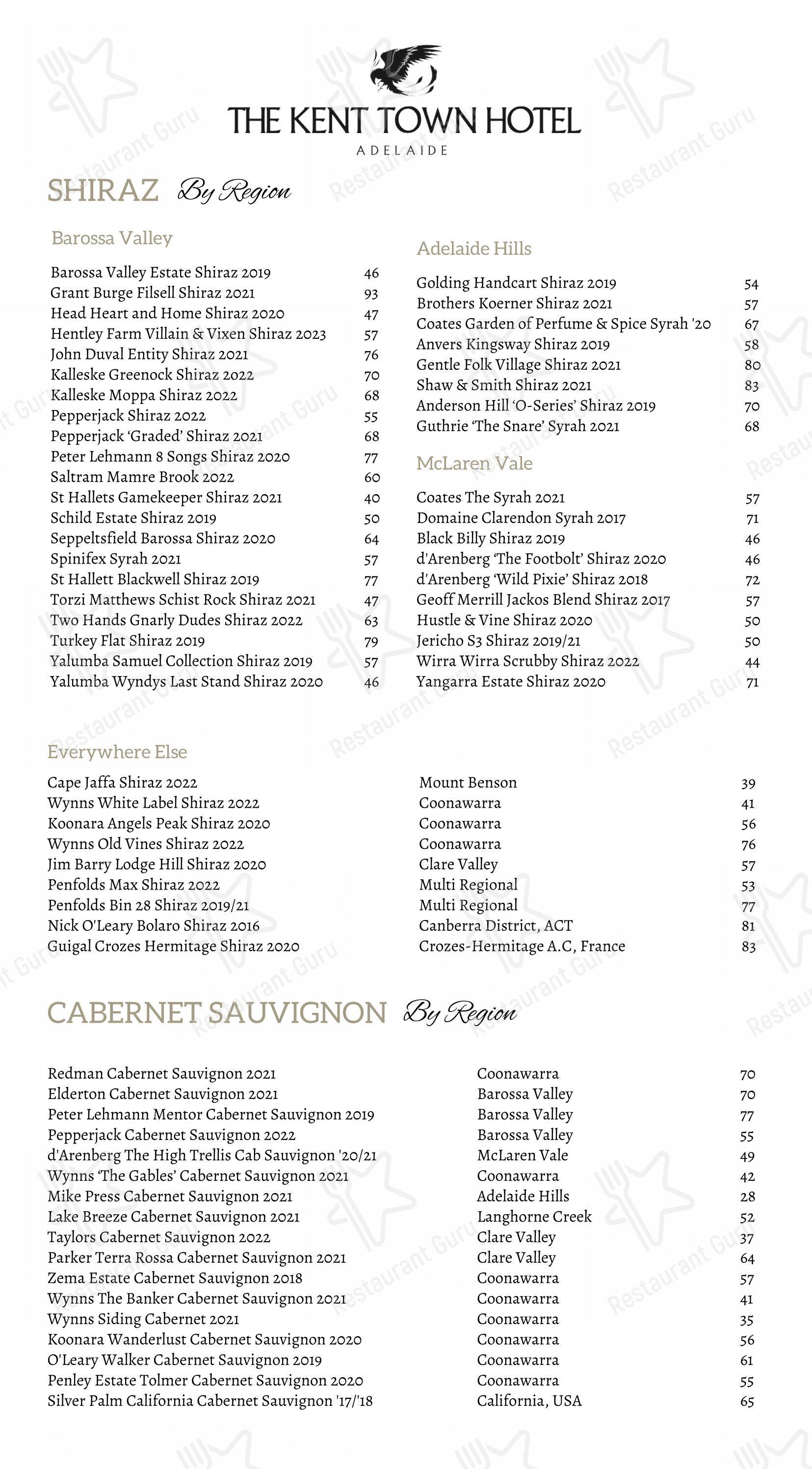 Menu at Kent Town Hotel pub & bar, Kent Town
