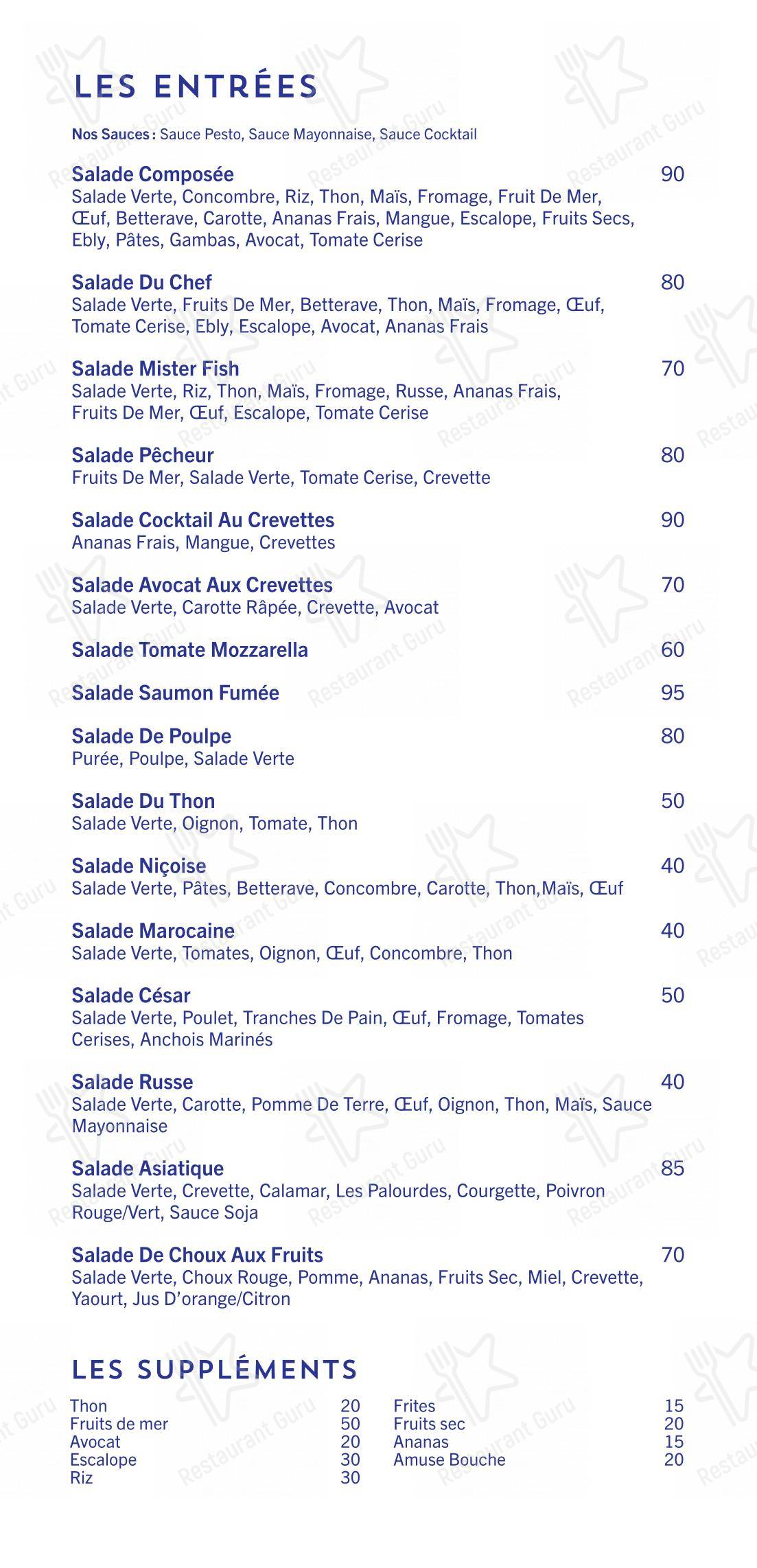 Menu au Mister Fish restaurant, Agadir