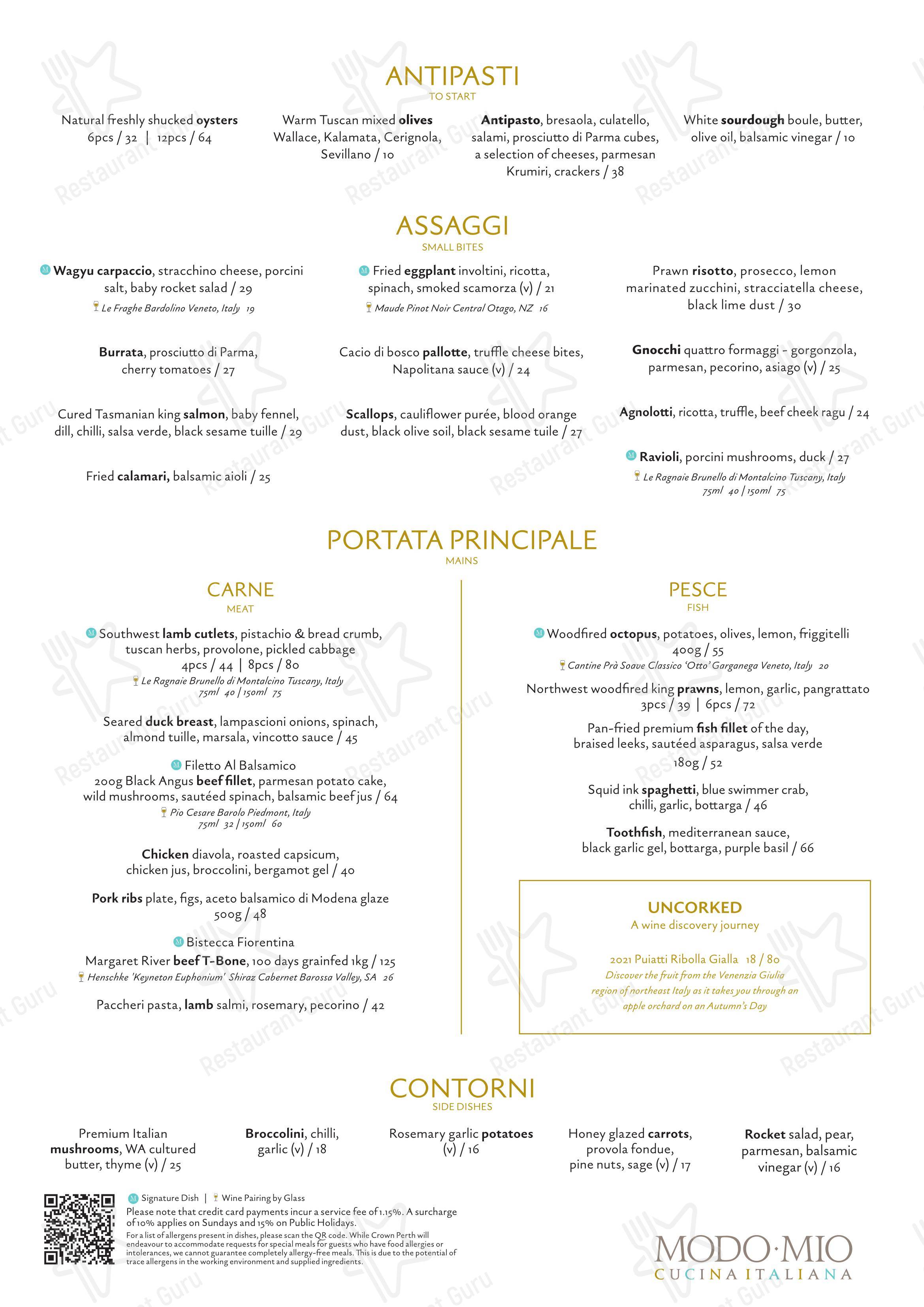 Menu at Modo Mio restaurant, Burswood, Crown Perth