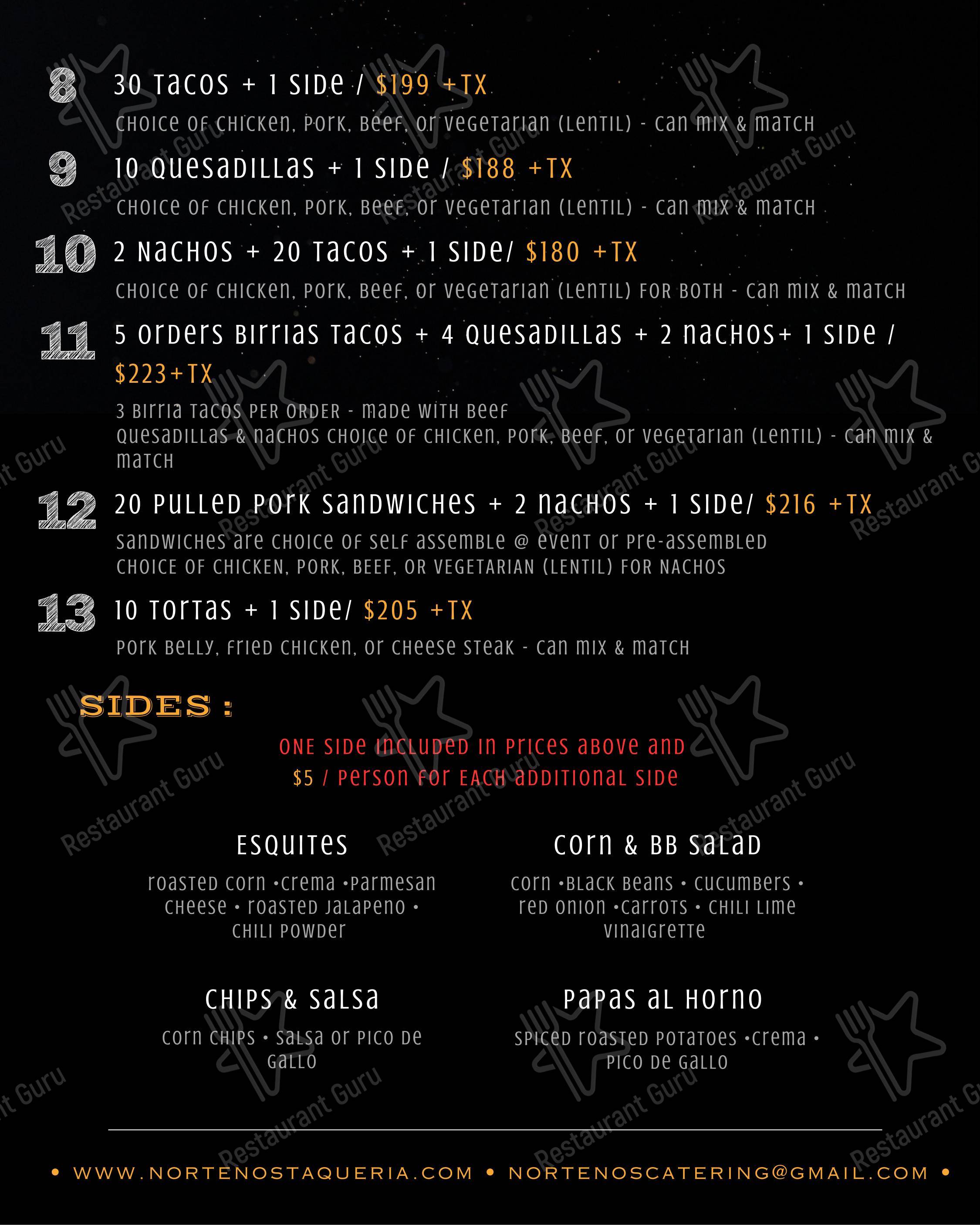 Menu at Norteños Cantina restaurant, Thunder Bay