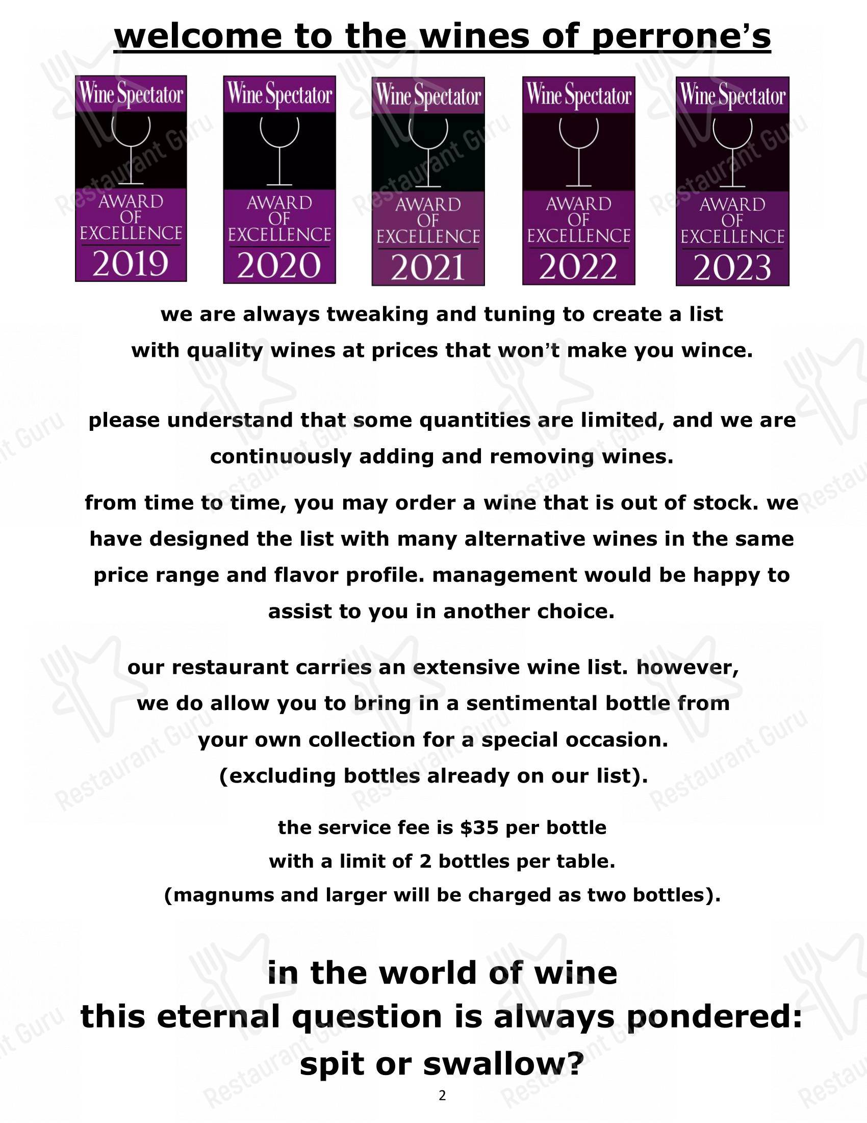 Menu at Perrone's Restaurant and Bar, Pawleys Island