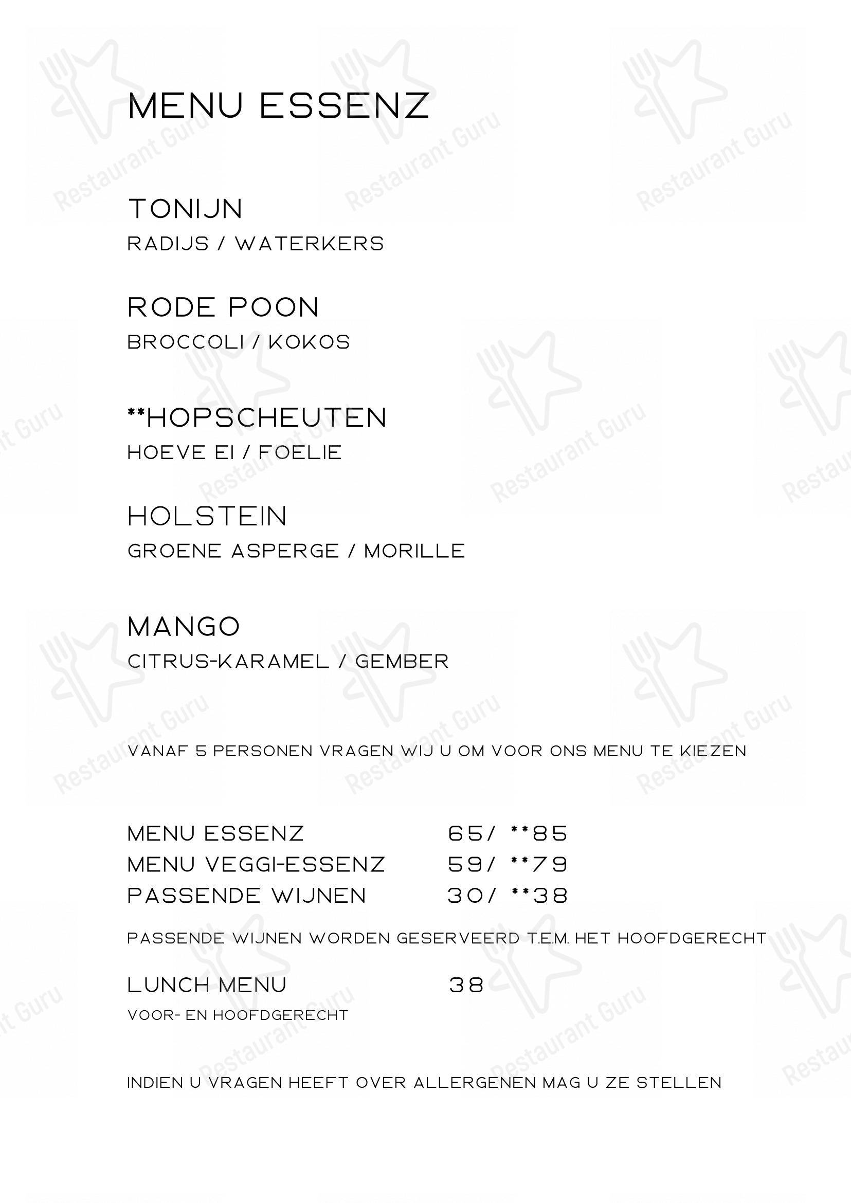 Menu at Restaurant Essenz, Antwerp