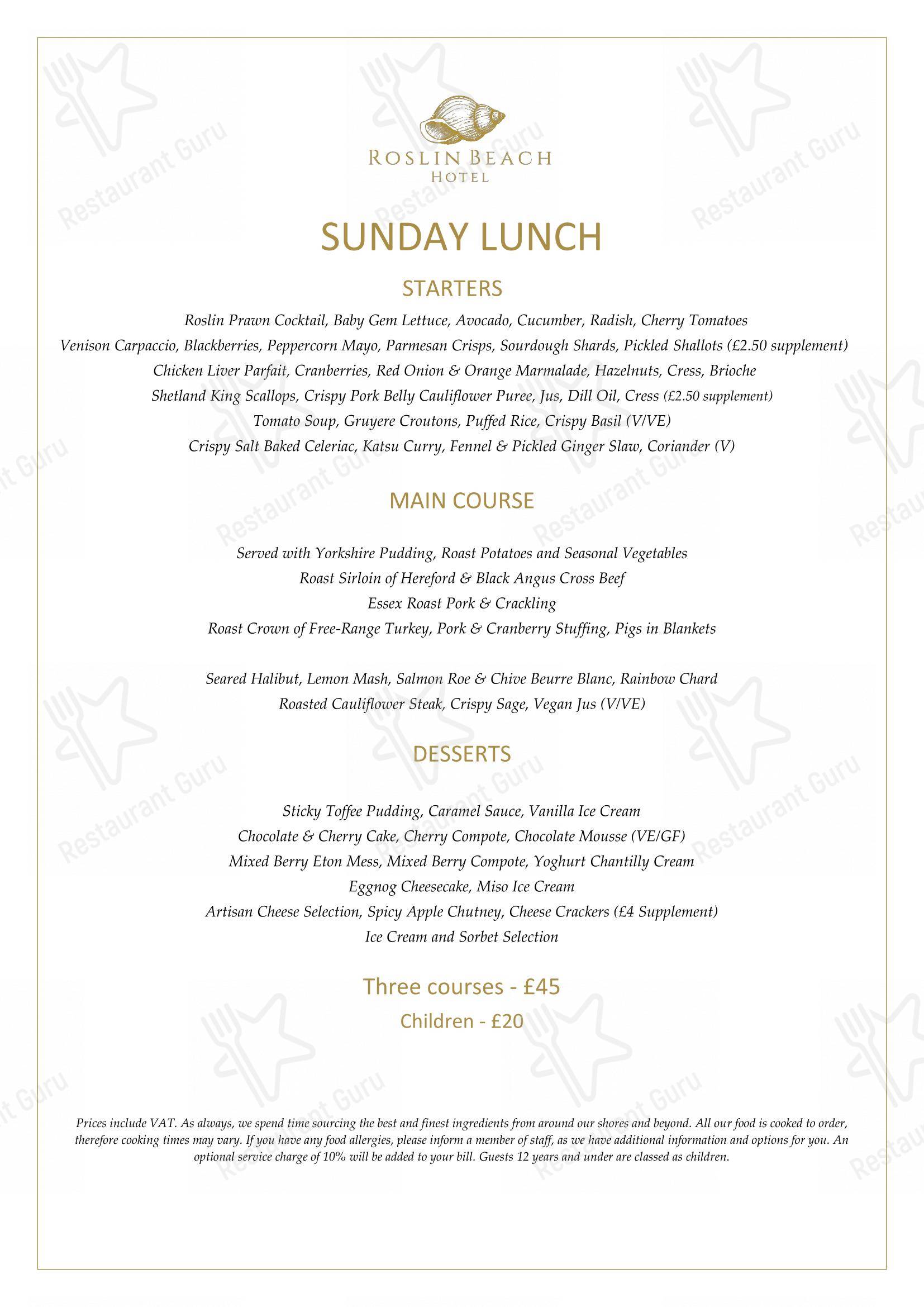 Menu at Roslin Beach Hotel pub & bar, Southend-on-Sea