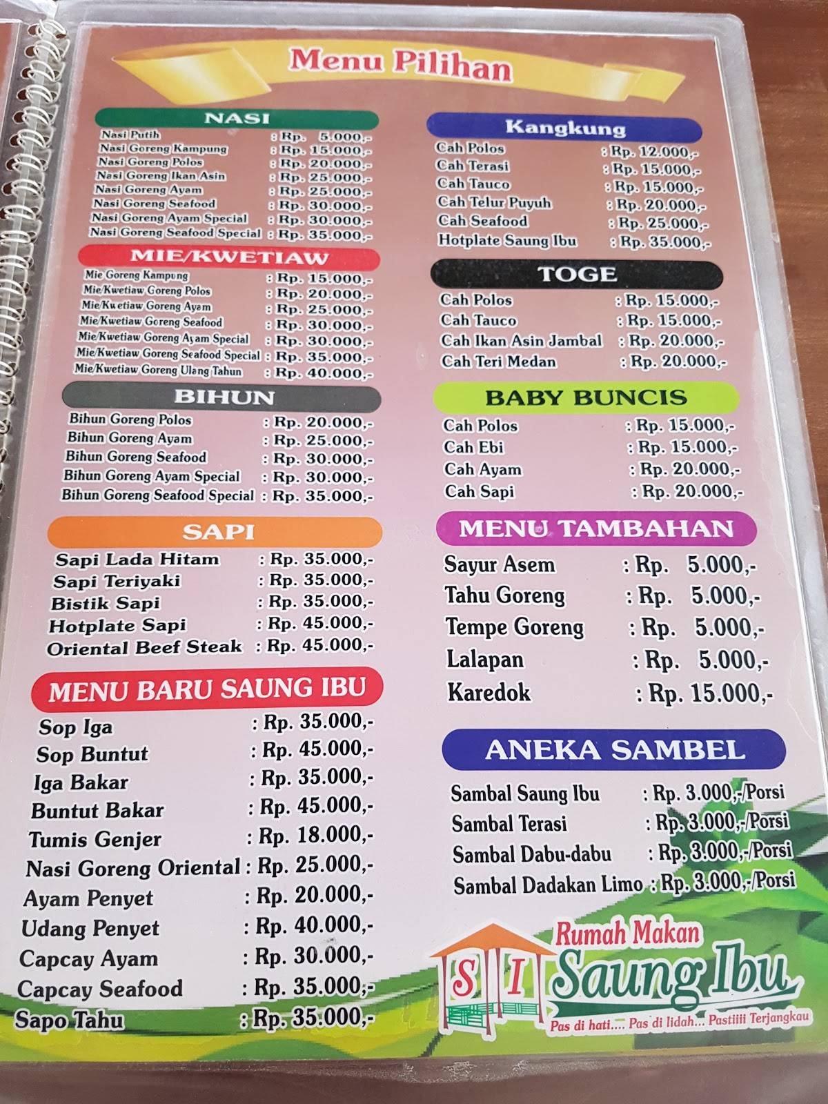 Menu at Rumah Makan Saung Ibu restaurant, Indonesia Menu at Rumah Makan Saung Ibu restaurant, Indonesia