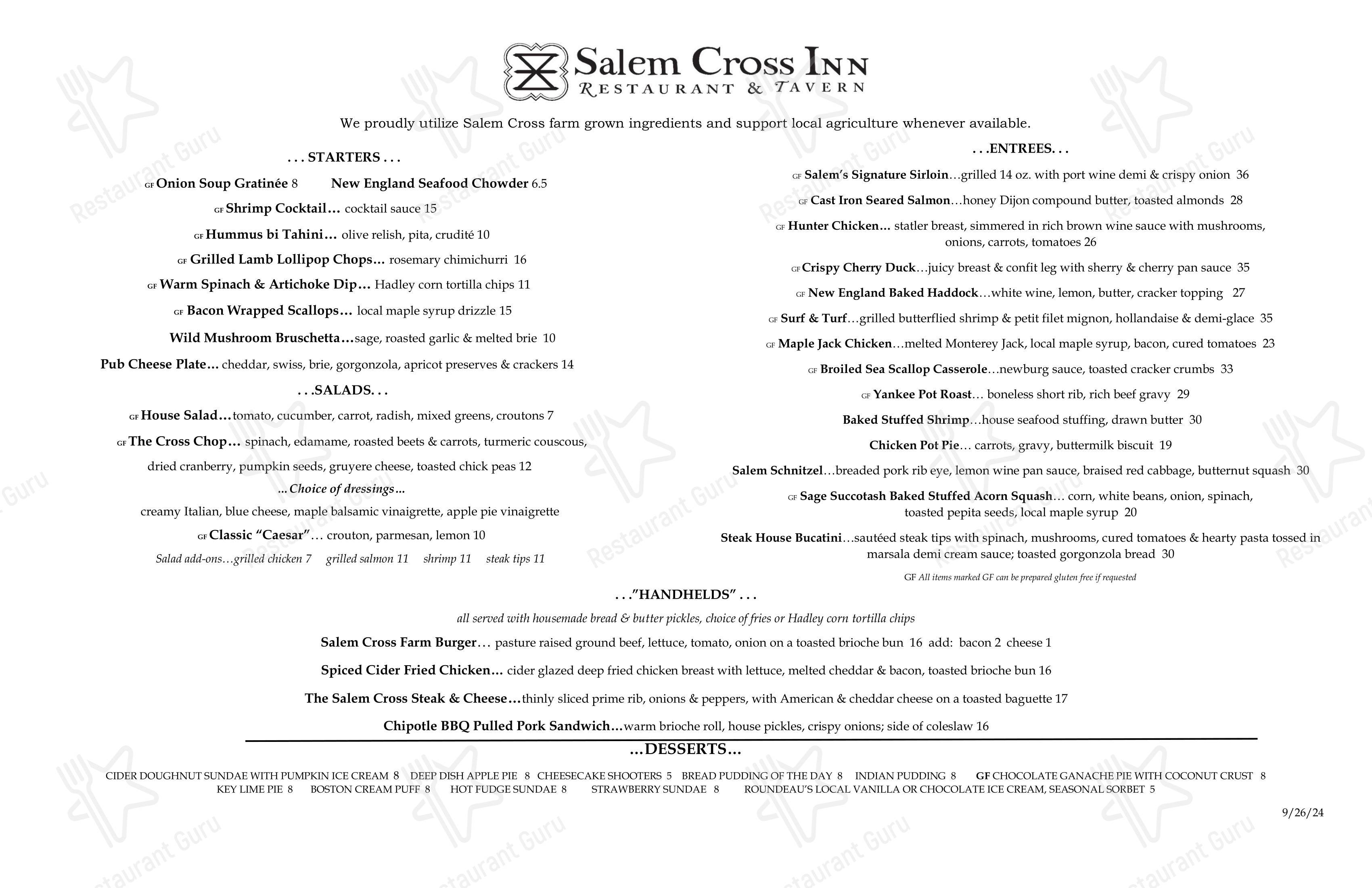 Menu at Salem Cross Inn restaurant, West Brookfield