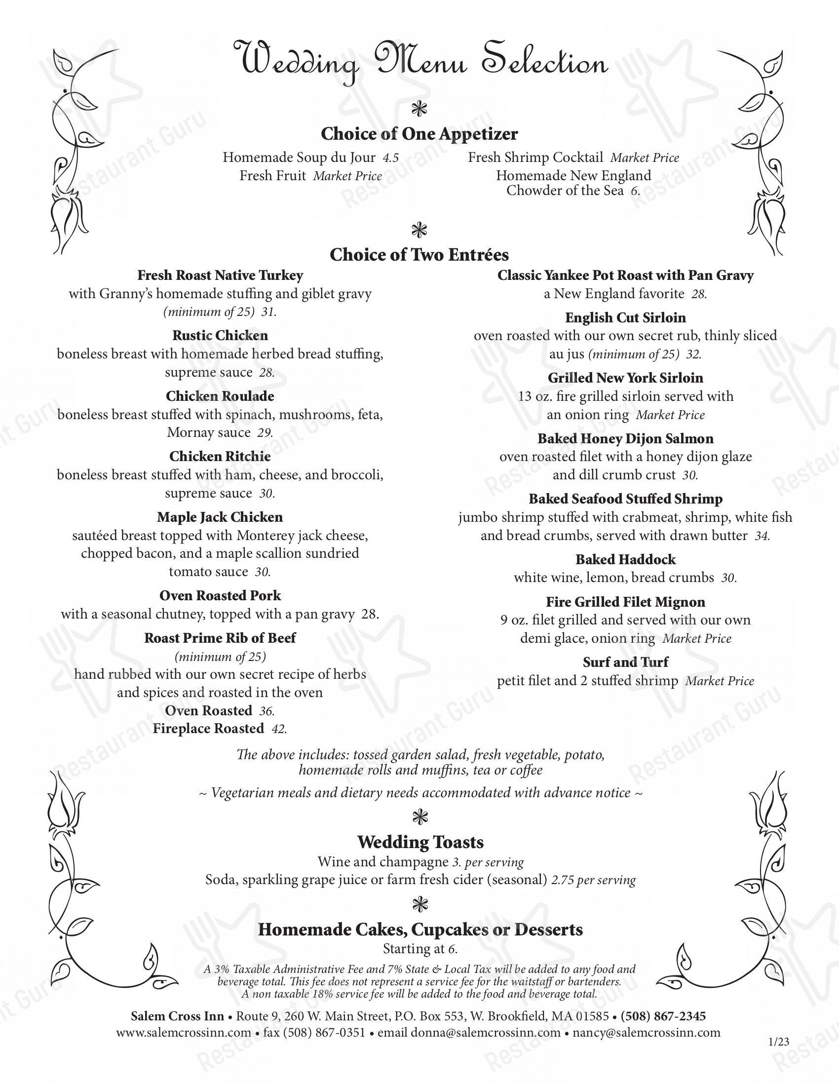 Menu at Salem Cross Inn restaurant, West Brookfield