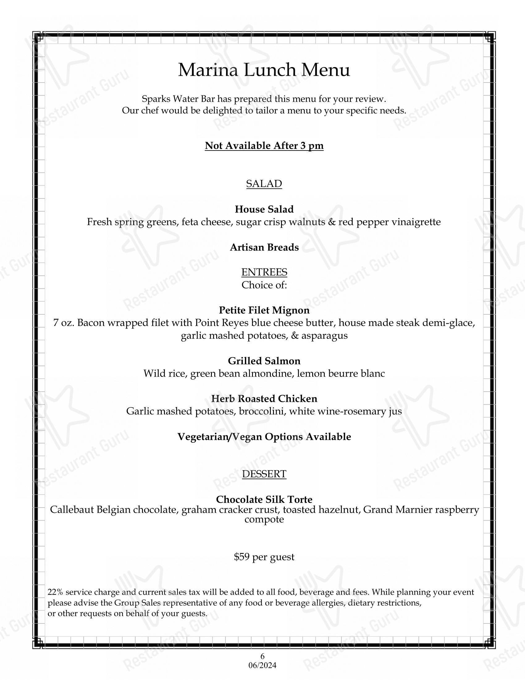 Menu at Sparks Water Bar, Sparks