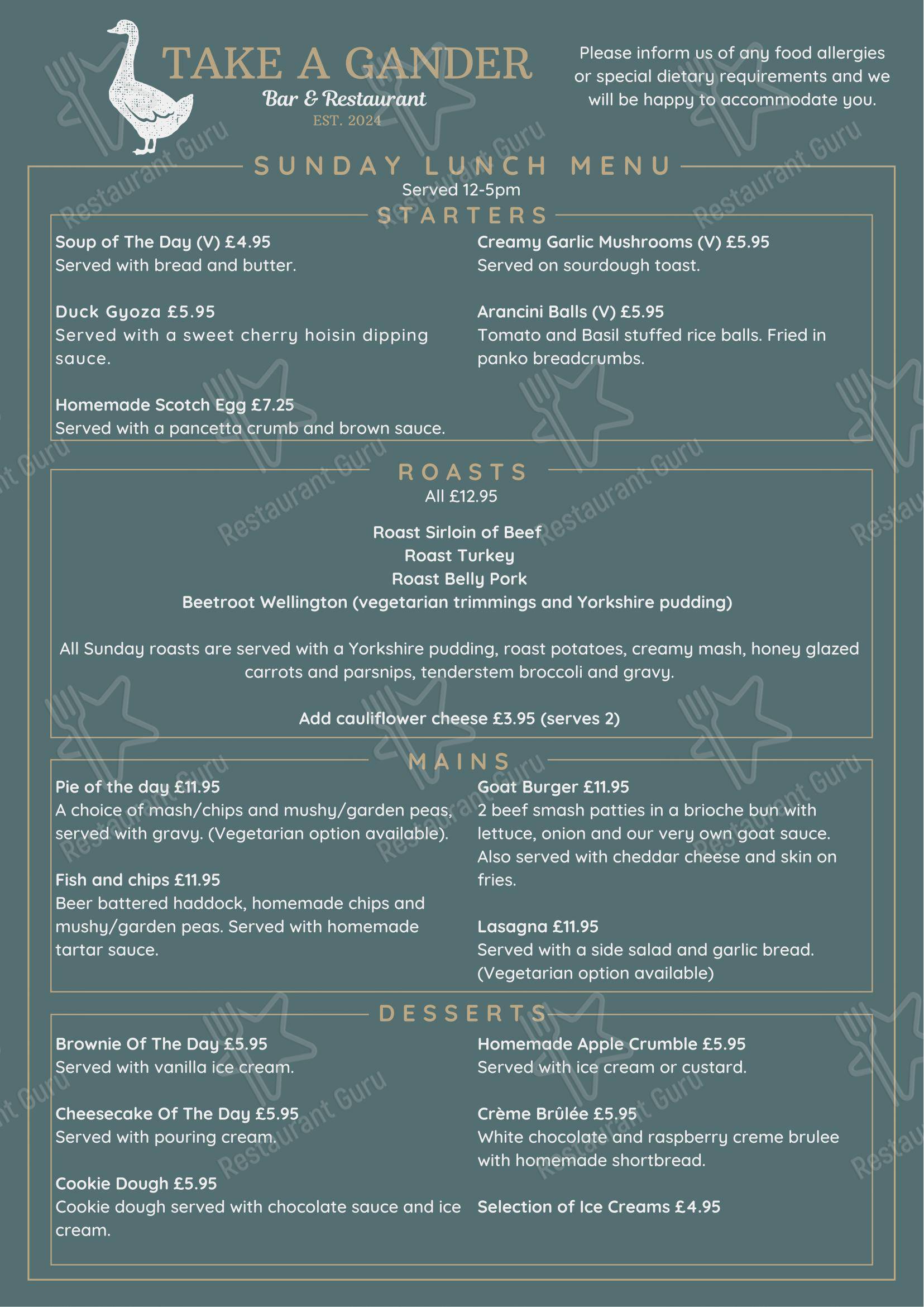 Menu at Take a Gander restaurant, Scunthorpe, 1 High St