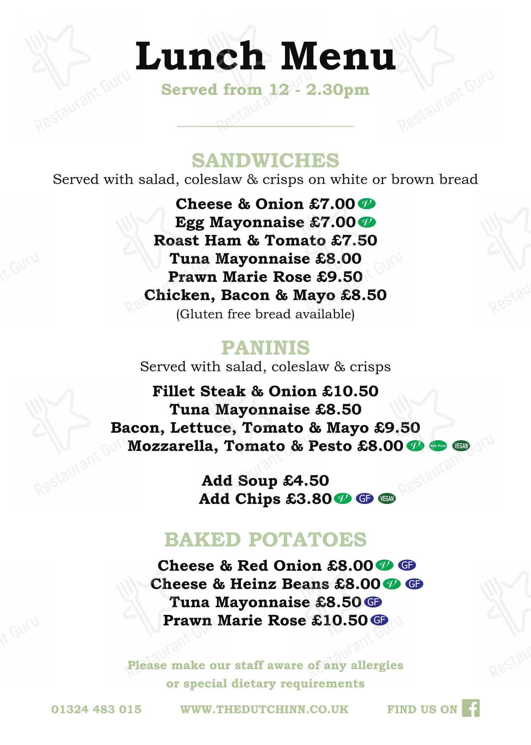 Menu at Dutch Inn restaurant, Falkirk