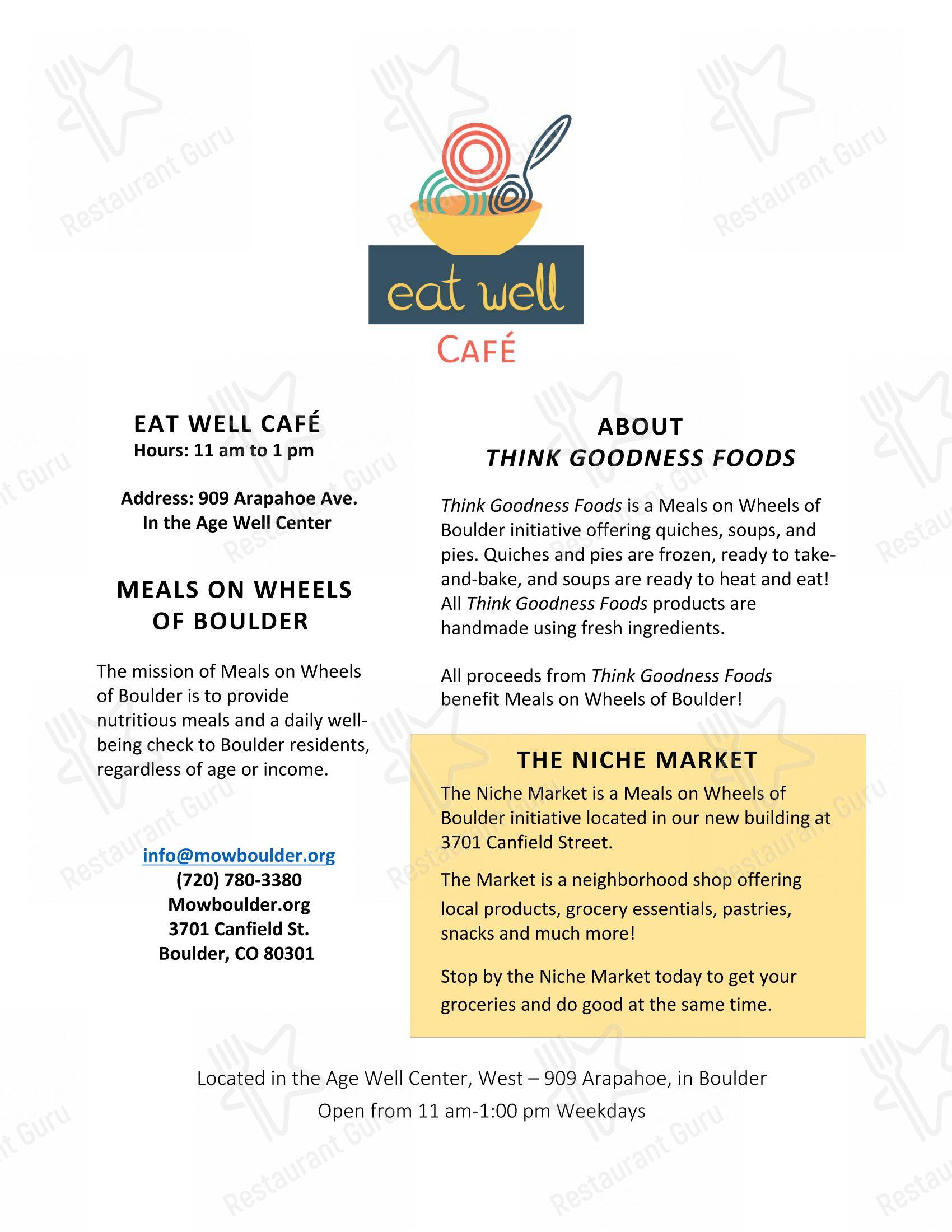 Menu at The Eat Well Café cafe, Boulder