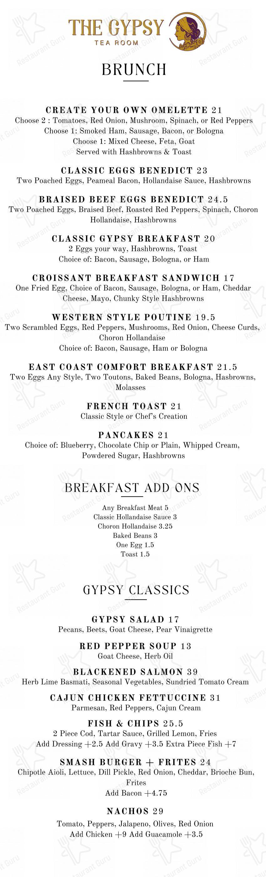 Menu at The Gypsy Tea Room restaurant, St. John's